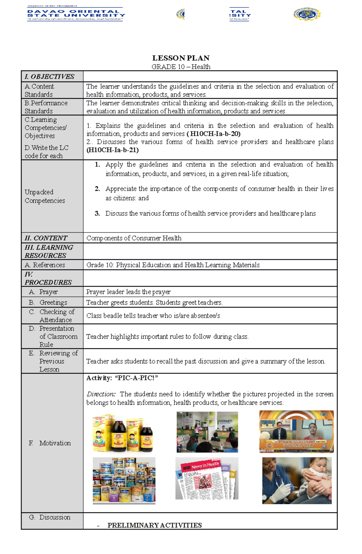 FS LP 9 - Grade 10 Health Lesson Plan and Activities - Studocu