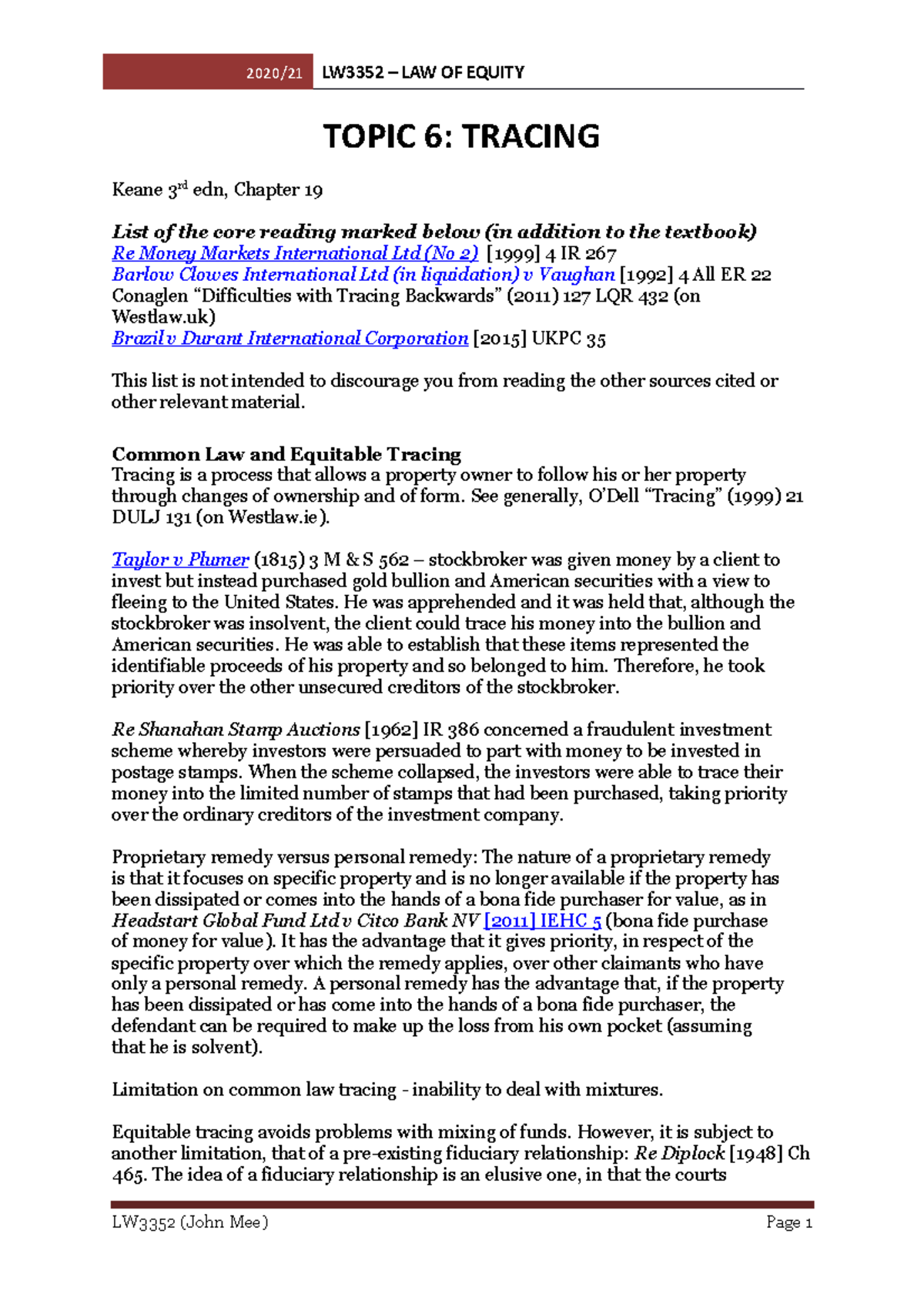 Equitable Tracing: Doctrines and Case Law Insights (Law 301) - Studocu