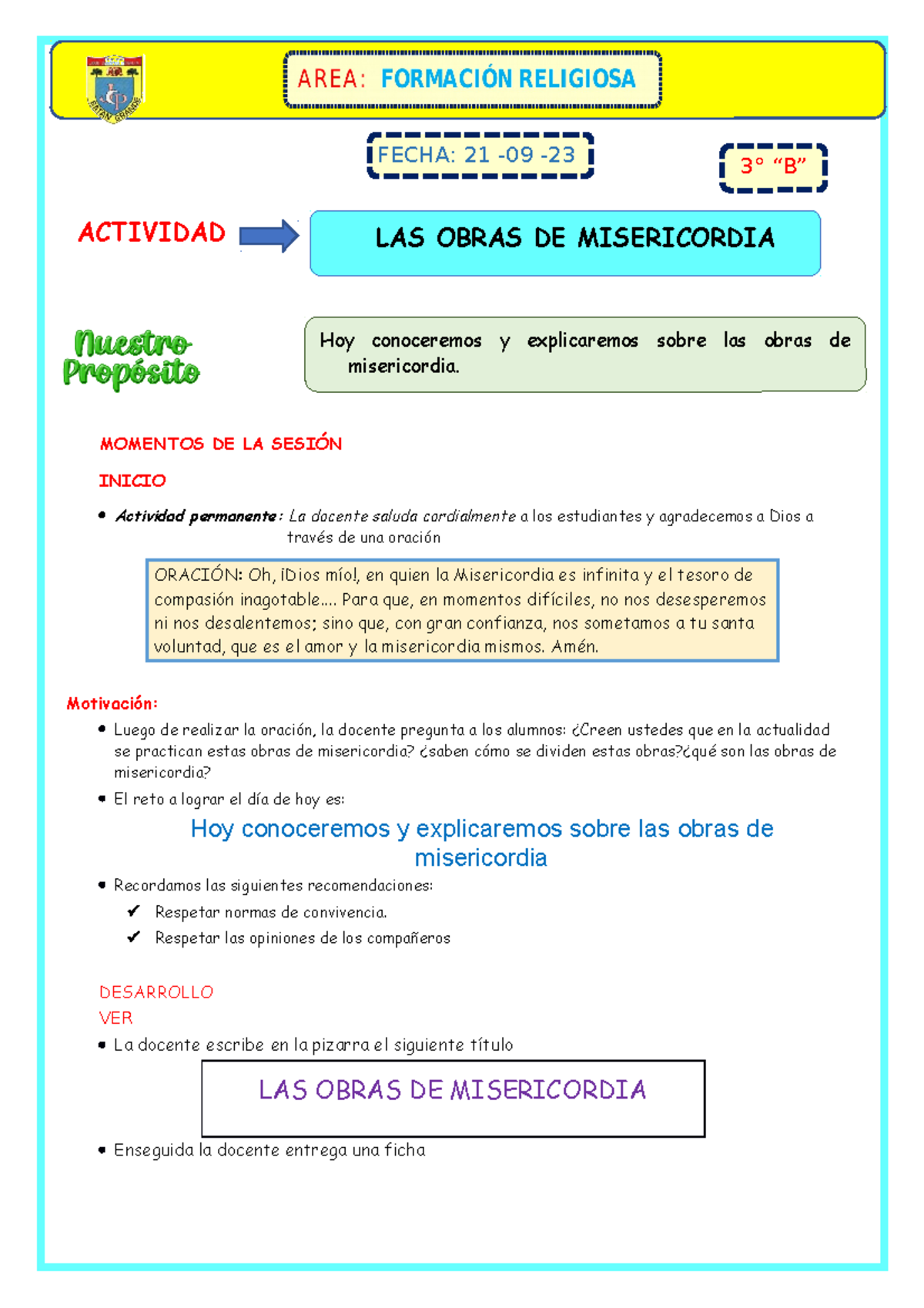 Obras de misericordia - sesion - MOMENTOS DE LA SESIÓN INICIO Actividad permanente: La docente ...
