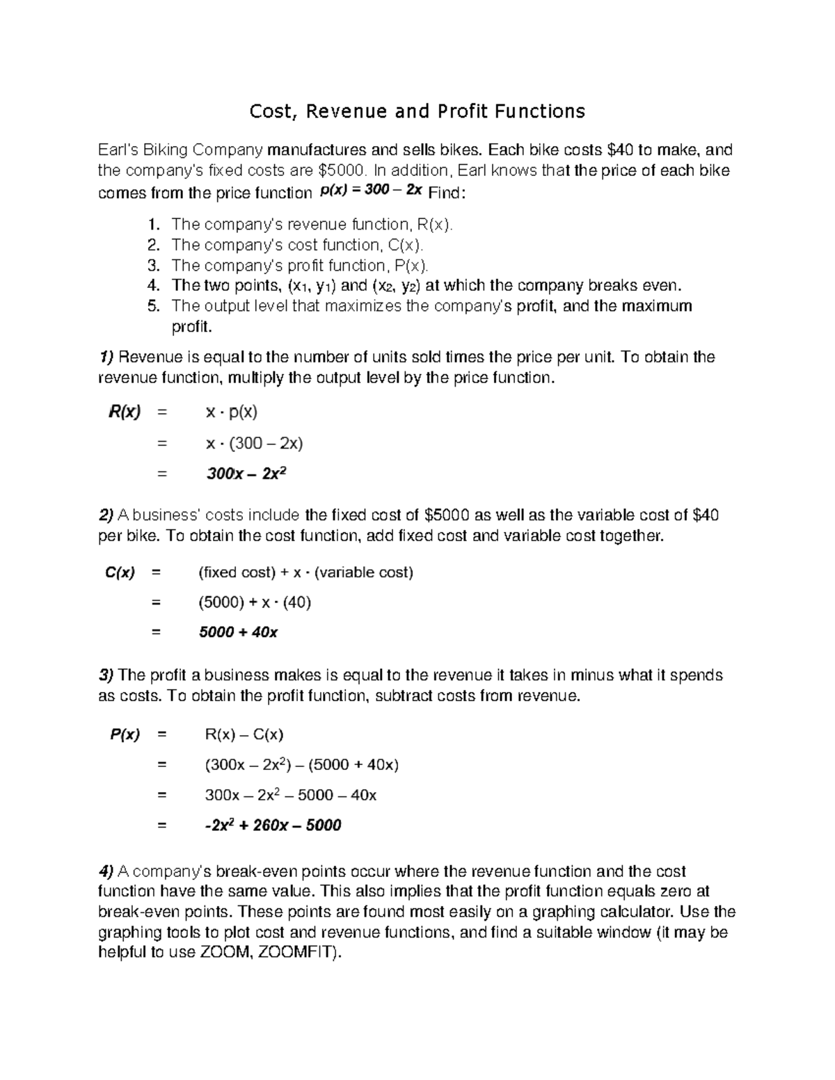 Cost Revenueand Profit Functions - Cost, Revenue and Profit Functions ...