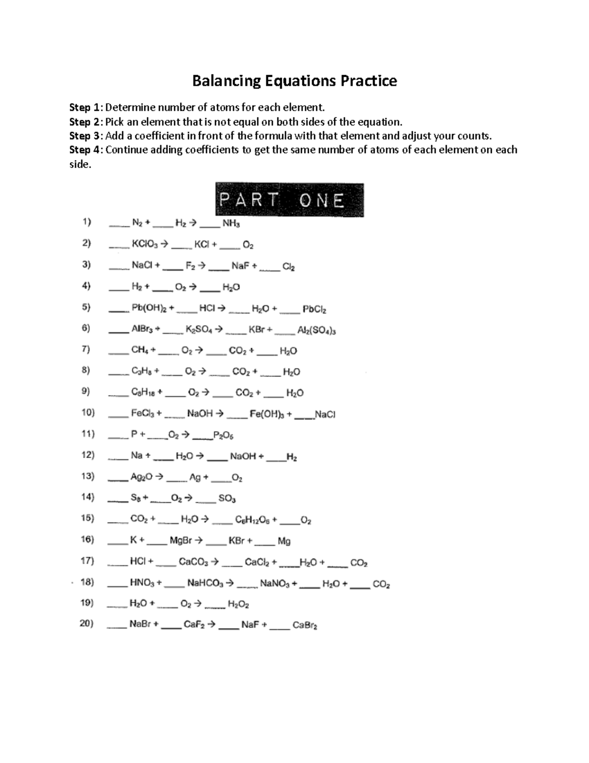 Balancing Equations Practice Guide: Steps to Equal Atom Counts - Studocu