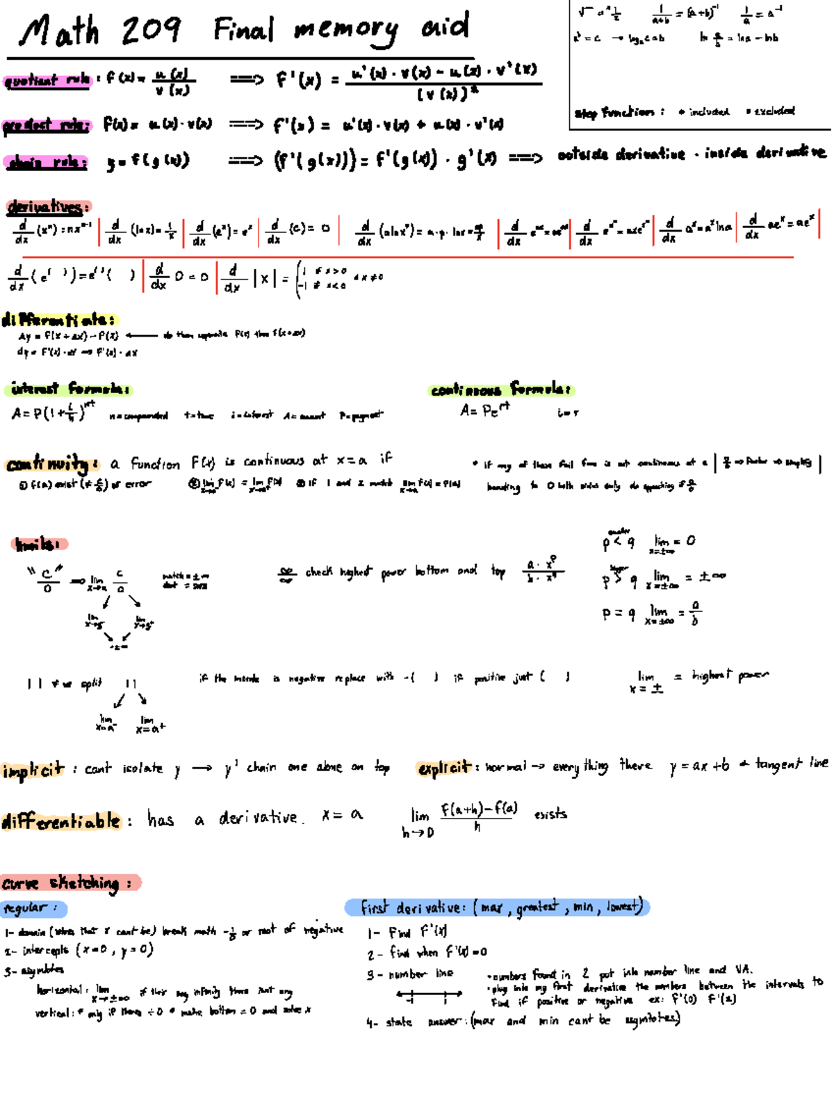 MATH 209 Final Exam Study Guide: Quotient Rule & Derivatives - Studocu