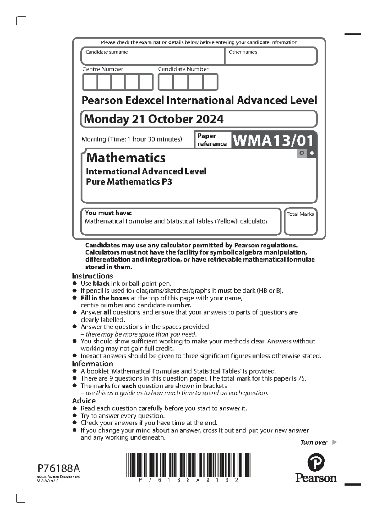 October 2024 IAL Pure Mathematics P3 Exam Paper (75 Marks) - Studocu