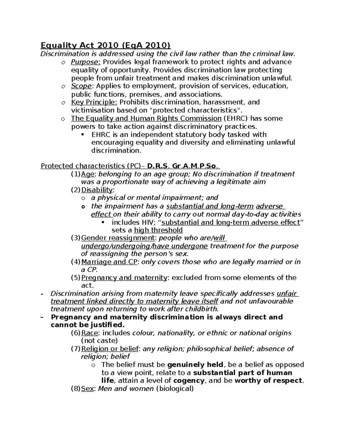 SQE 1 FLK 1 - Legal Services: Overview of the Equality Act 2010 - Studocu