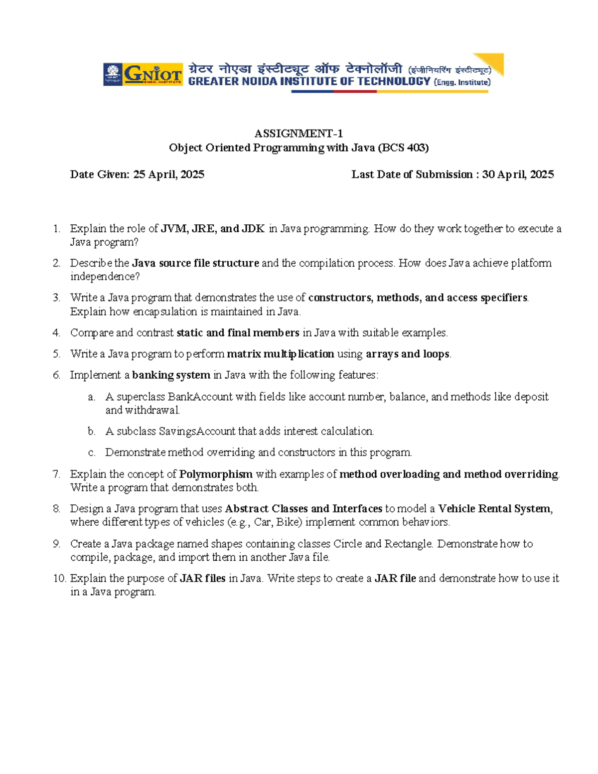 OOP with Java Assignment 1 (BCS 403) - Concepts & Programming Tasks - Studocu