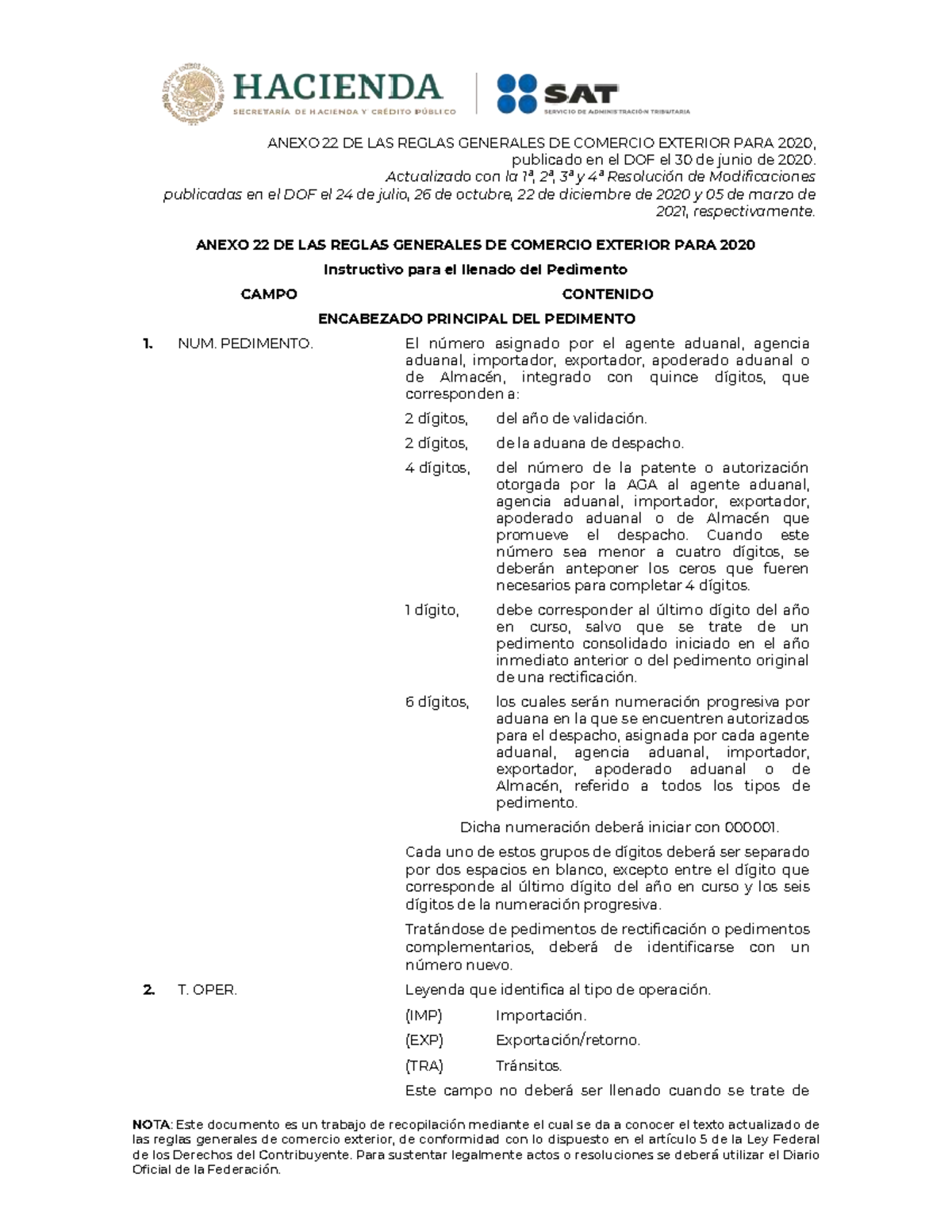 Anexo 22: Reglas Generales de Comercio Exterior 2020 Actualizadas - Studocu