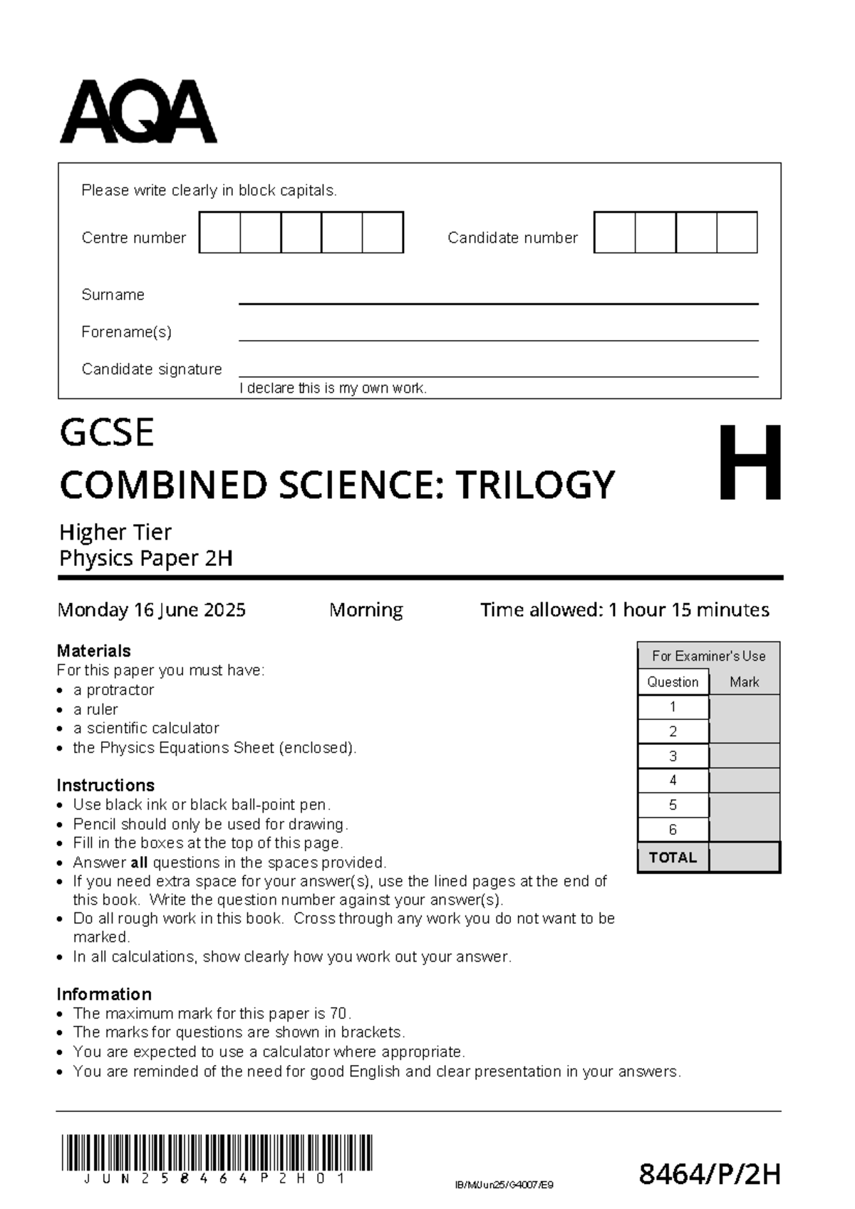 GCSE COMBINED SCIENCE: TRILOGY Higher Tier Physics Paper 2H QP3 - Studocu