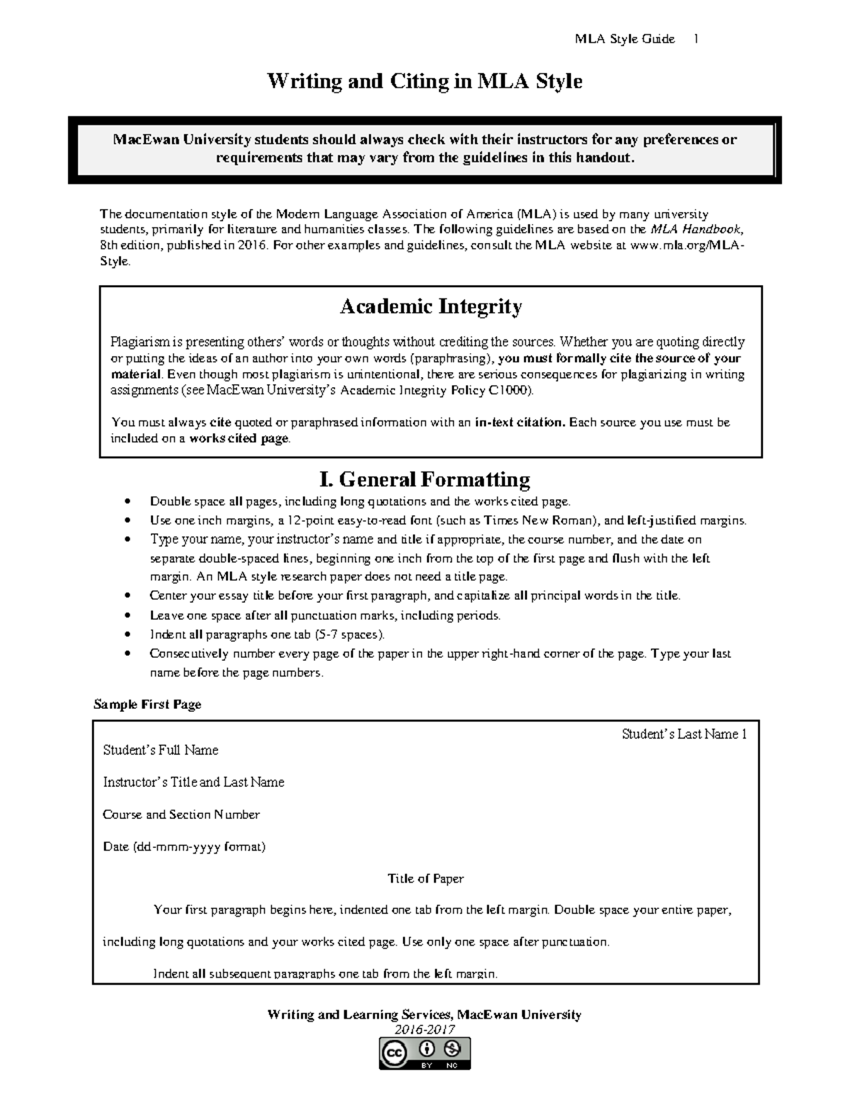 MLA Handout 8th Edition - Writing and Learning Services, MacEwan ...