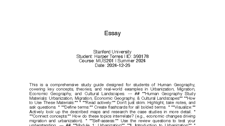 MUS201 Summer 2024: Comprehensive Study Guide on Urbanization & Migration - Studocu
