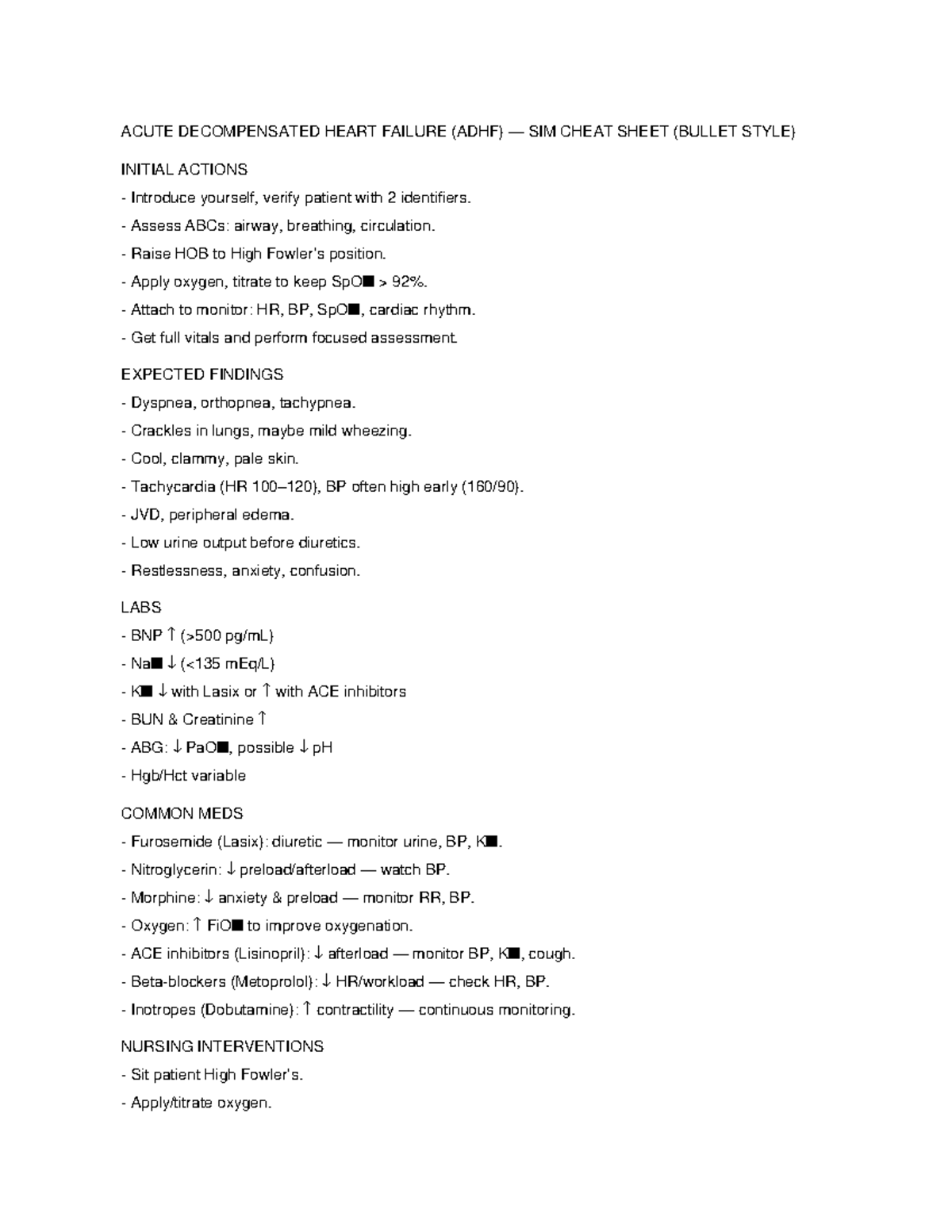 Week 3 ADHF Simulation Cheat Sheet: Initial Actions & Interventions ...