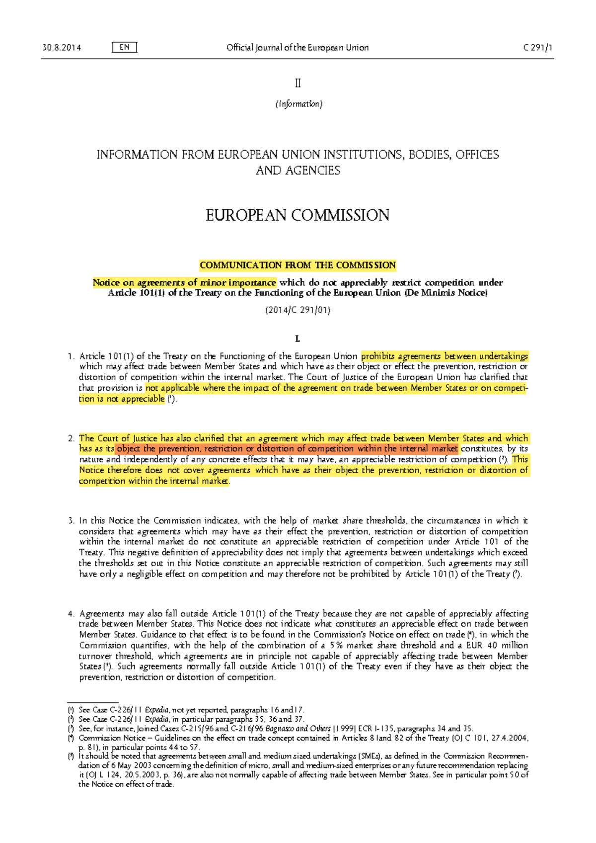 Communication from the Commission on De Minimis Agreements under Article 101 - Studocu
