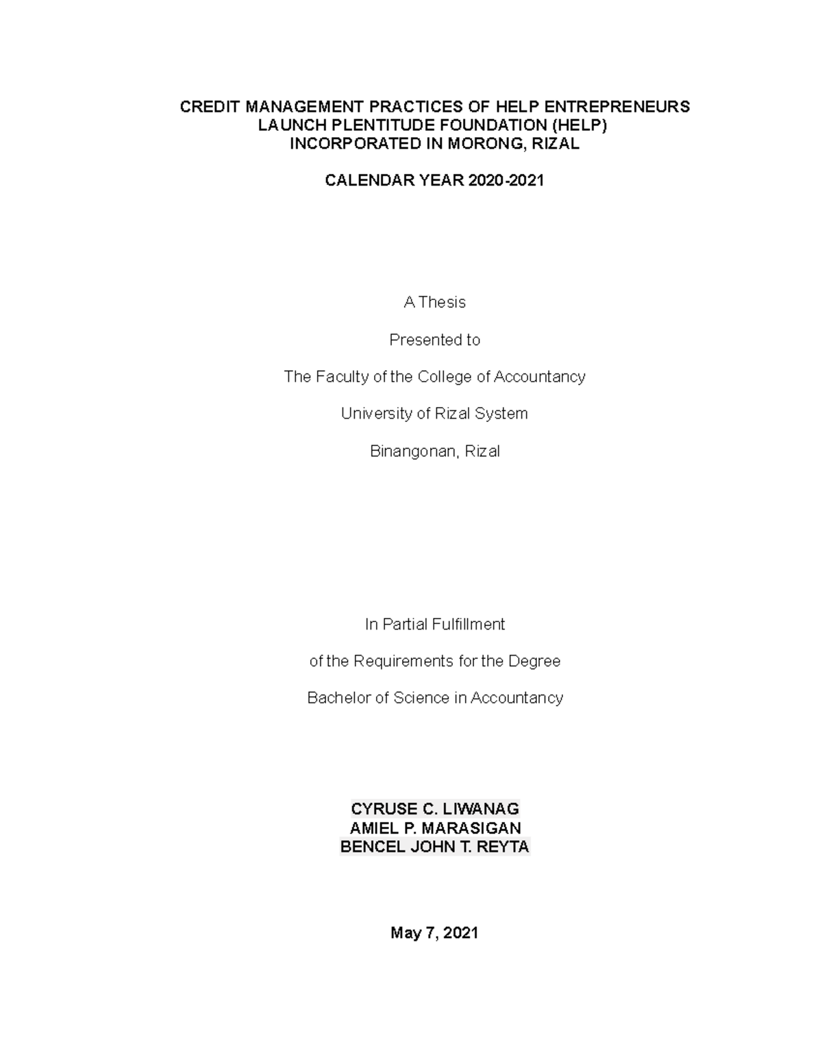 Credit Management Practices OF HELP Incorporated IN Morong Rizal ...