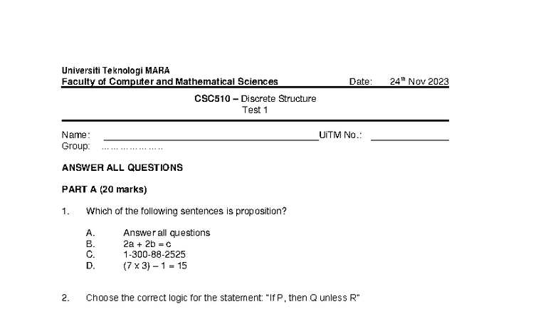 QUE TEST 1 CSC510 (20234) - Discrete Structures Exam Review - Studocu