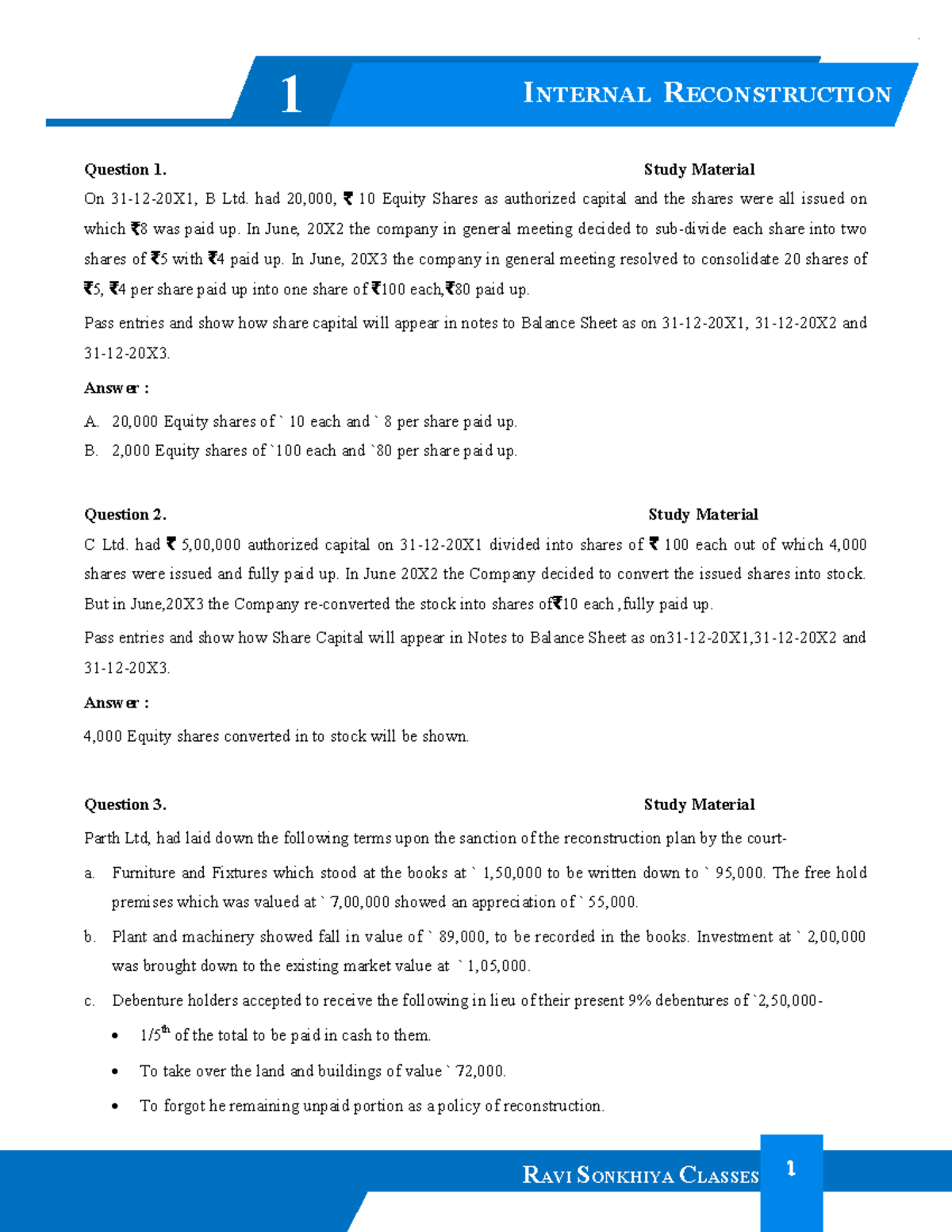 Internal Reconstruction Entries and Balance Sheets for 01 - Hdnd - Studocu