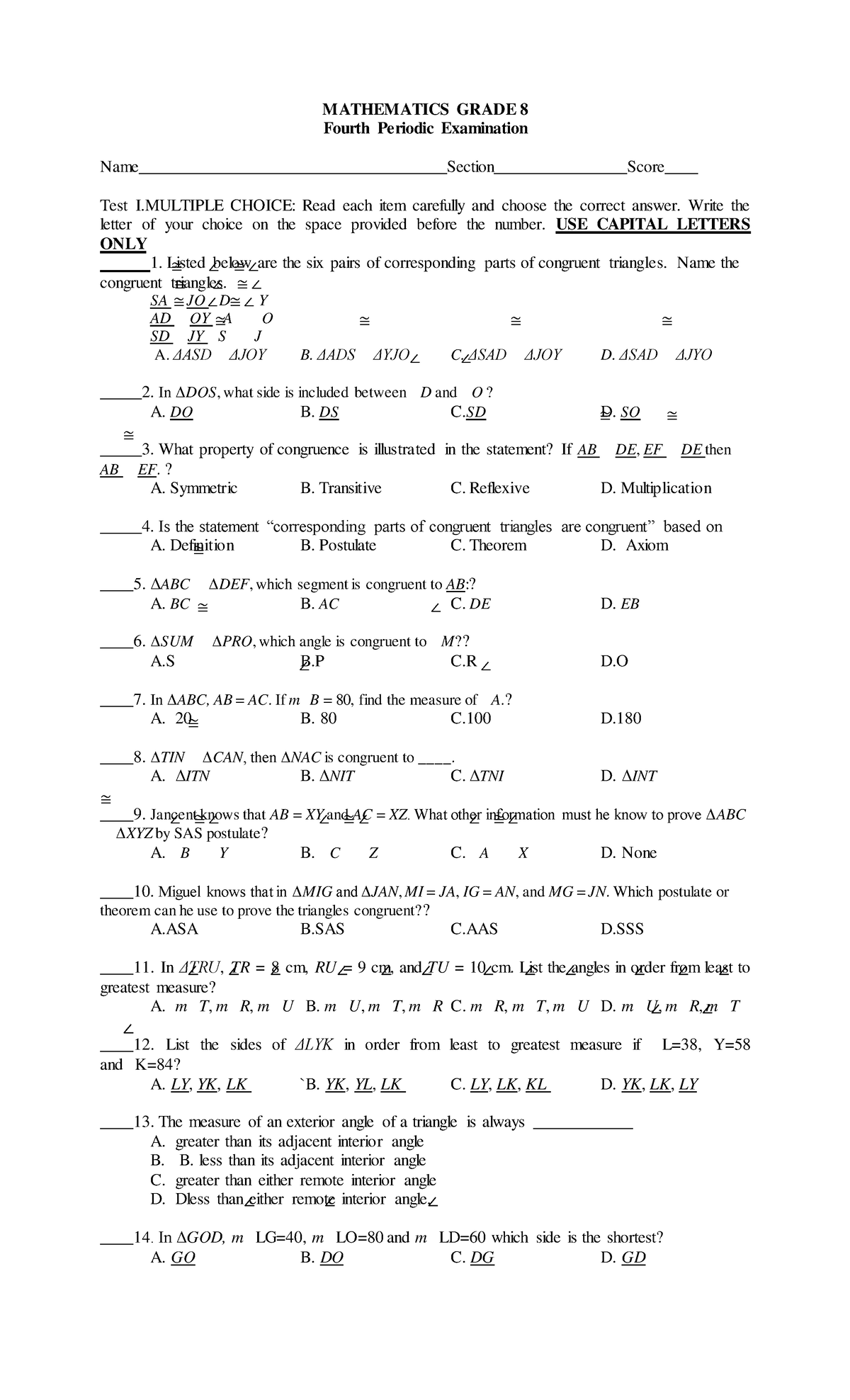 MATHEMATICS GRADE 8 Fourth Periodic Exam Test I: Multiple Choice ...