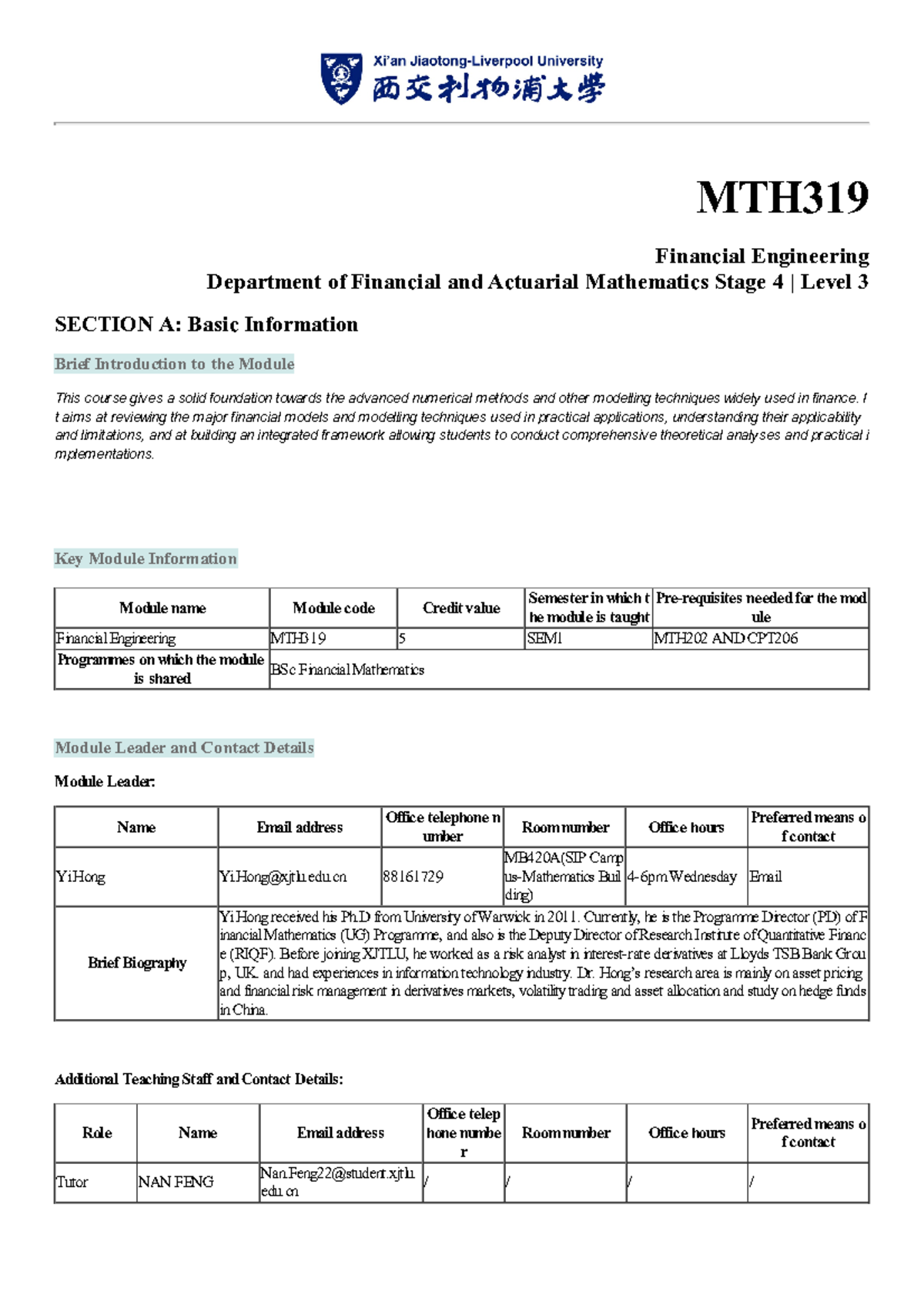 MTH319 Financial Engineering Module Handbook AY24-25 Semester 1 - Studocu