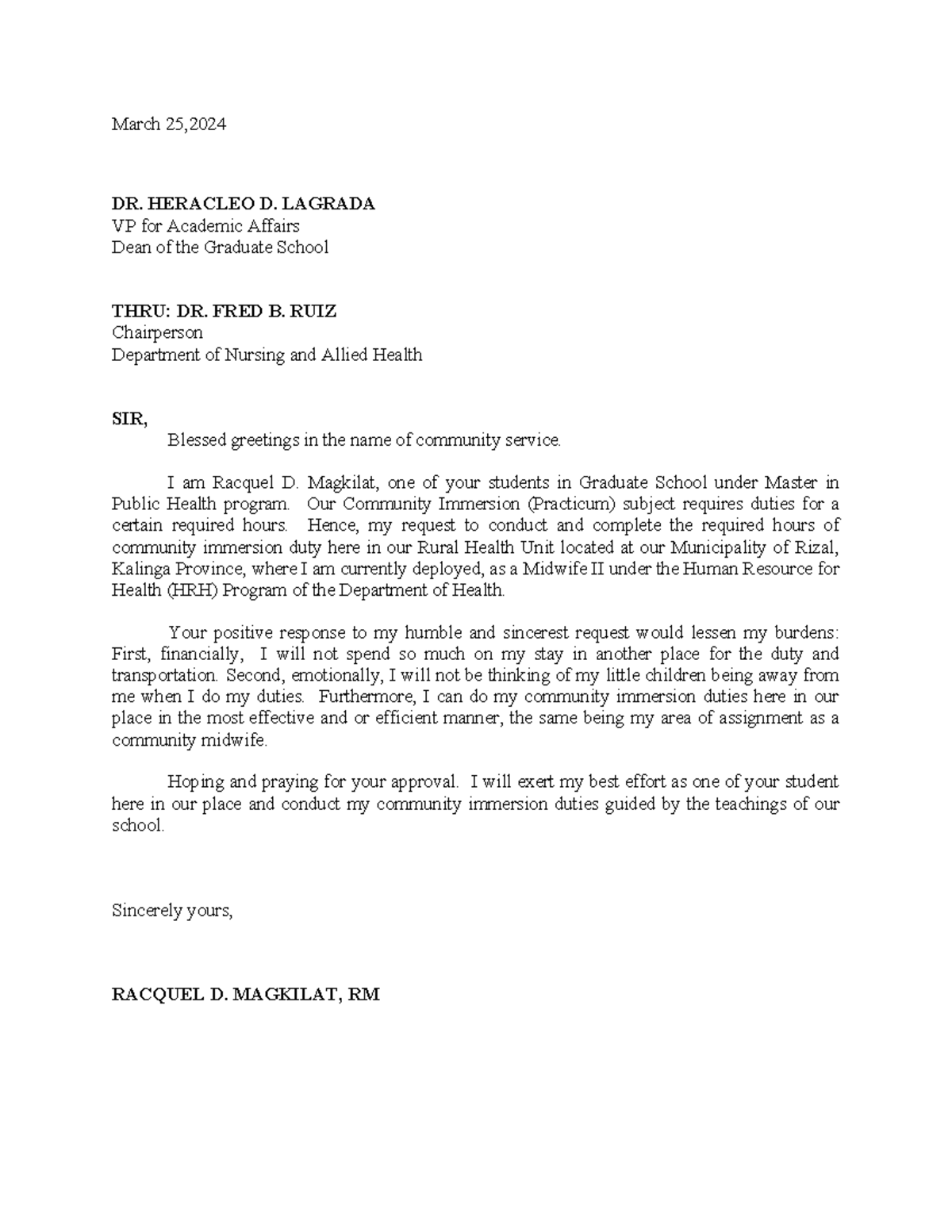 Request Letter for Community Immersion - MPH Program - Studocu