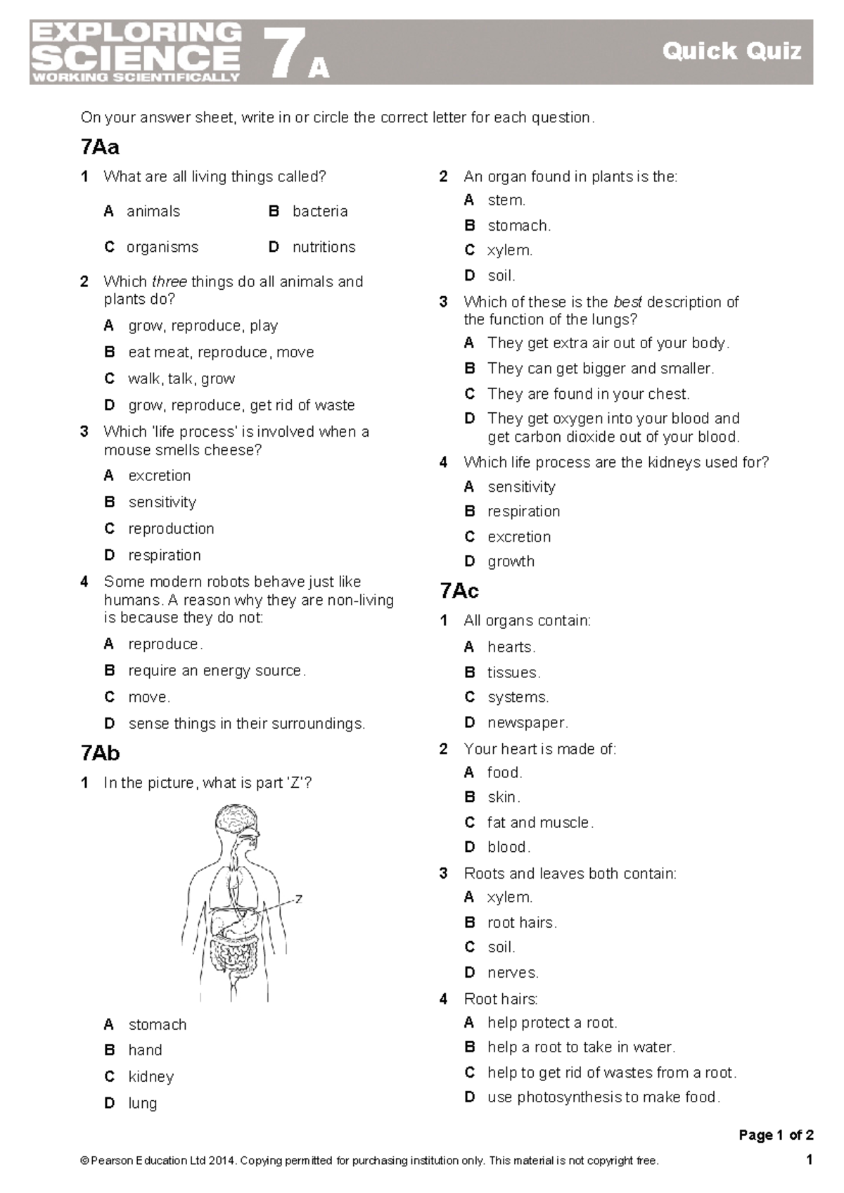 7A Quick Quiz on Living Organisms and Their Functions - Studocu