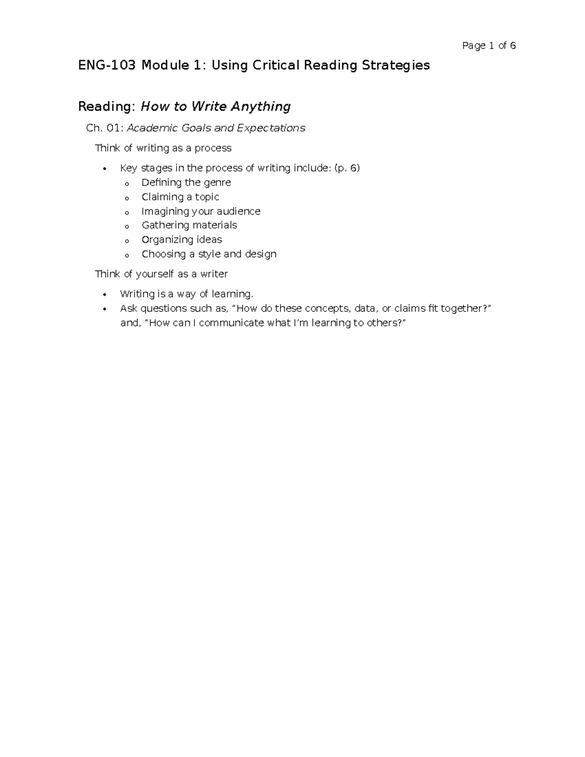 ENG-130 M01: Critical Reading Strategies & Writing Process Notes - Studocu