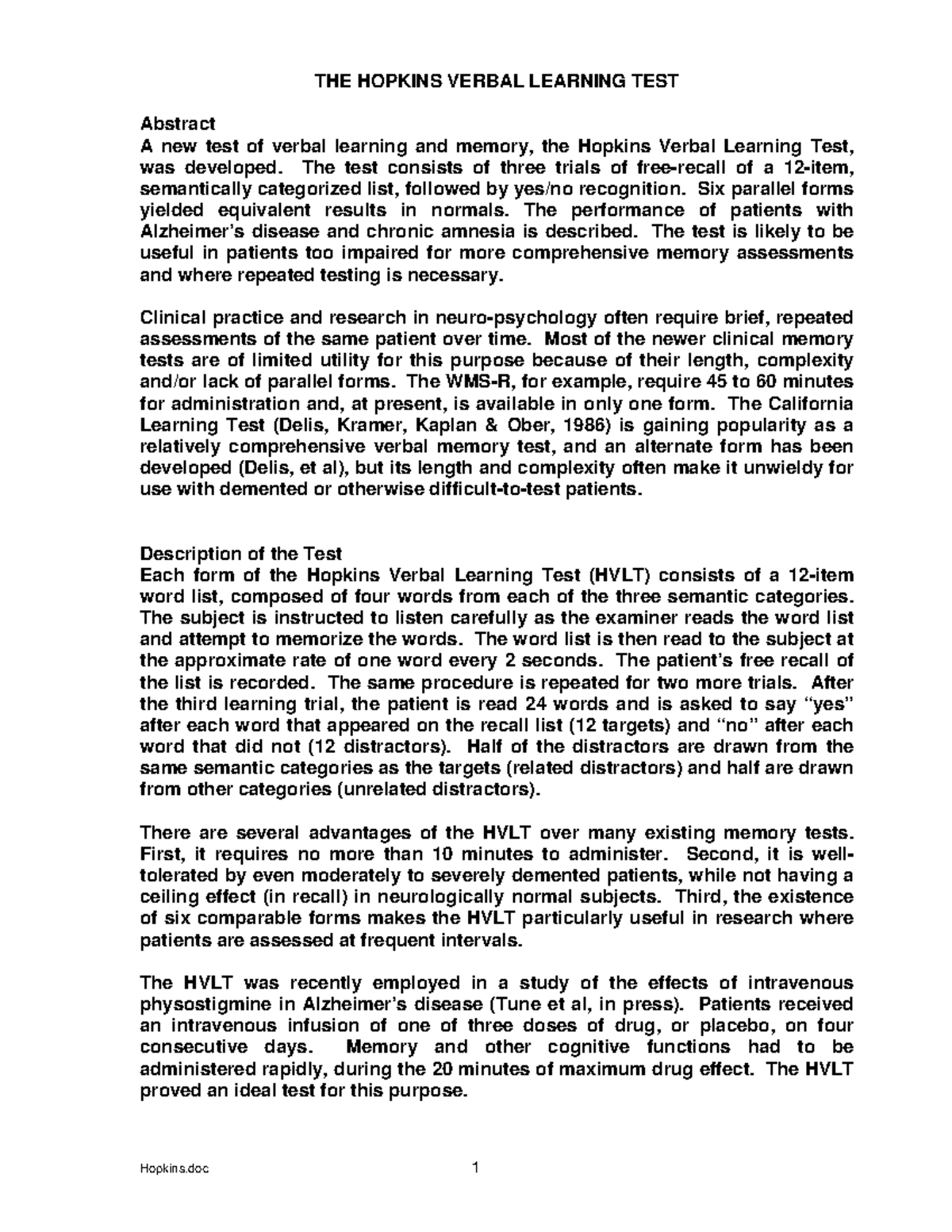 Hopkins-1 - Hopkins Verbal Learning Test Overview and Questionnaire ...