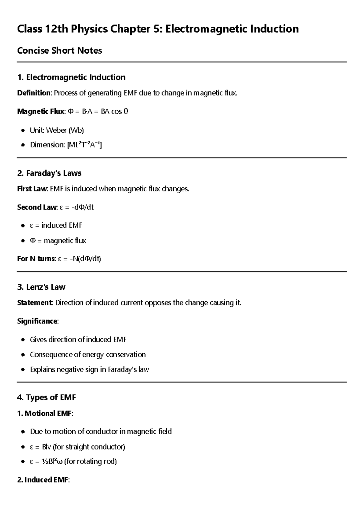 Class 12th Physics Chapter 5: Electromagnetic Induction Study Notes ...