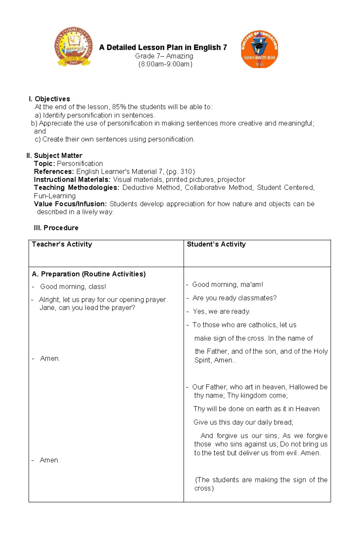 Detailed Lesson Plan: Personification in English 7 - Studocu