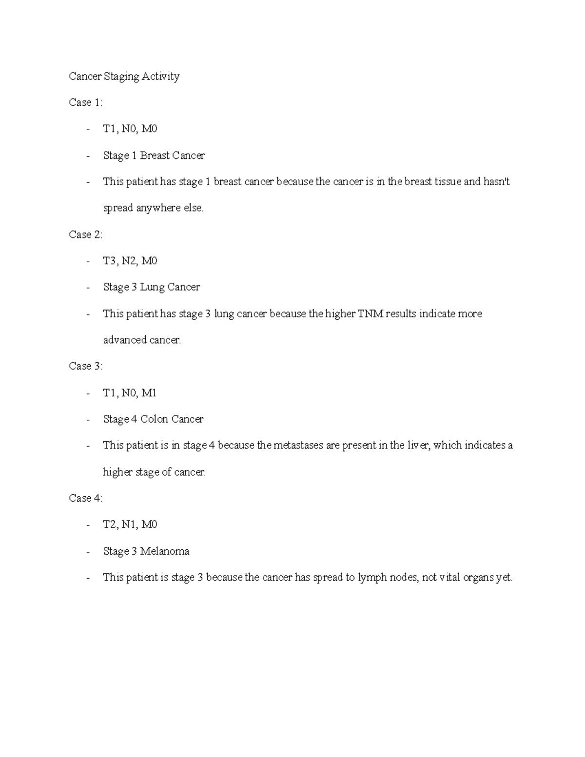 Cancer Staging Activity - Case 2: - T3, N2, M - Stage 3 Lung Cancer ...
