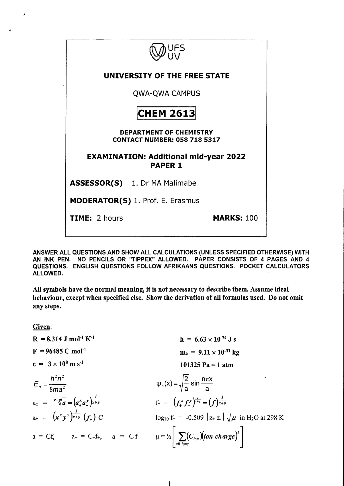 CHEM2613 Final Exam Past Paper Collection - Studocu