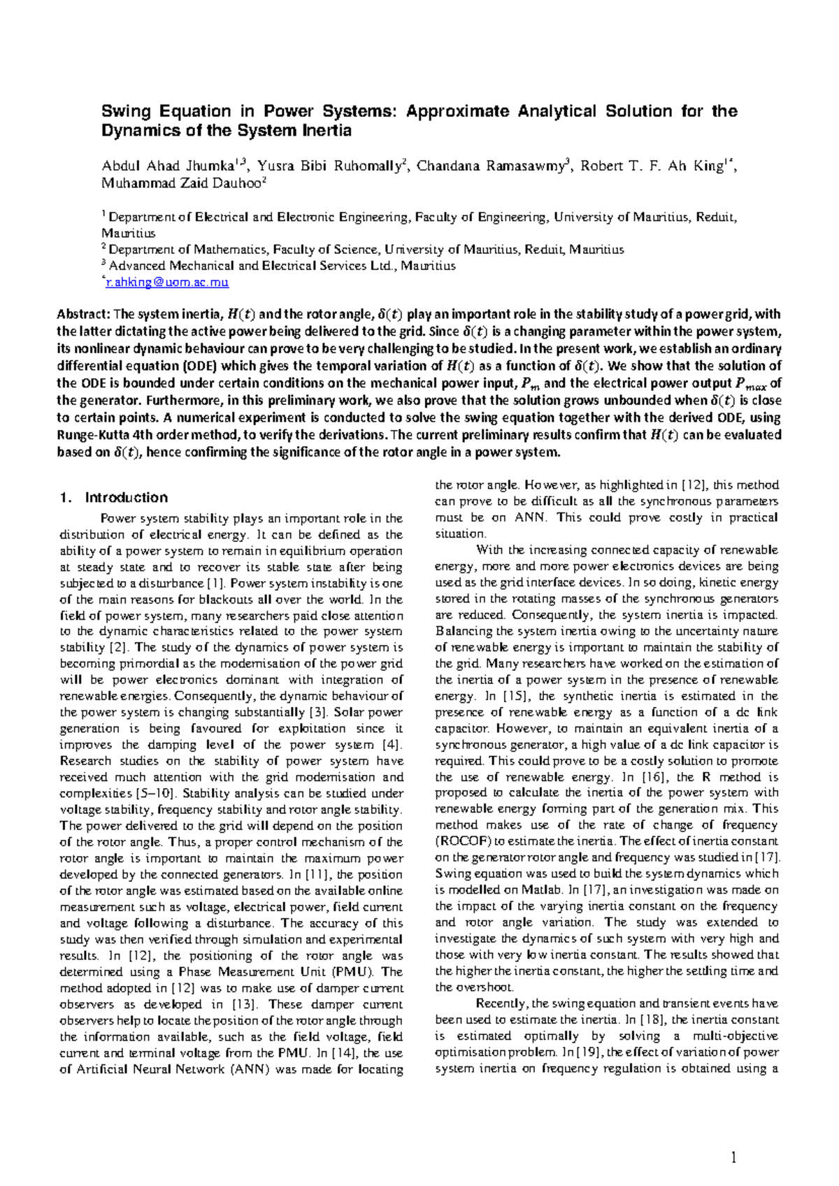 Swing Equation Dynamics in Power Systems: Analyzing Inertia (Apscom 12 ...