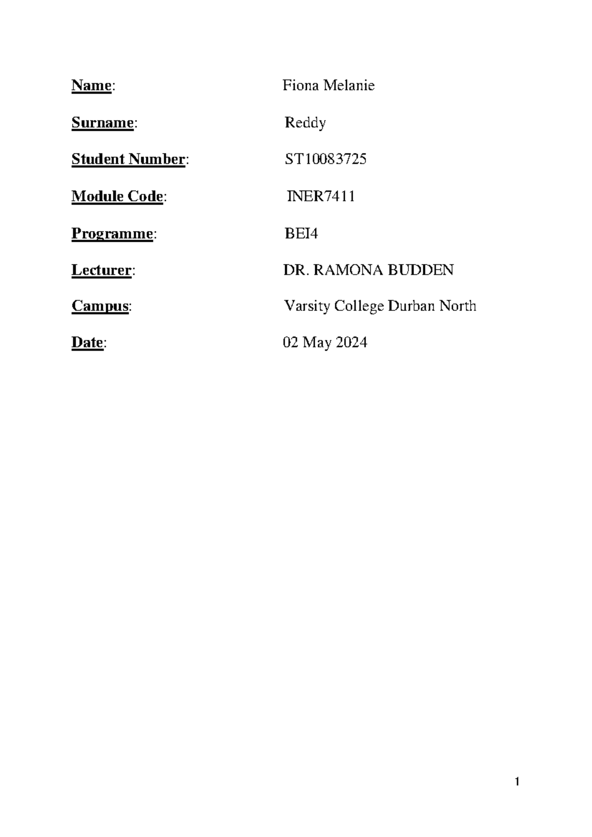 INER7411. Assignment 2. ST10083725. Fiona Melanie Reddy - Name: Fiona Melanie Surname: Reddy ...