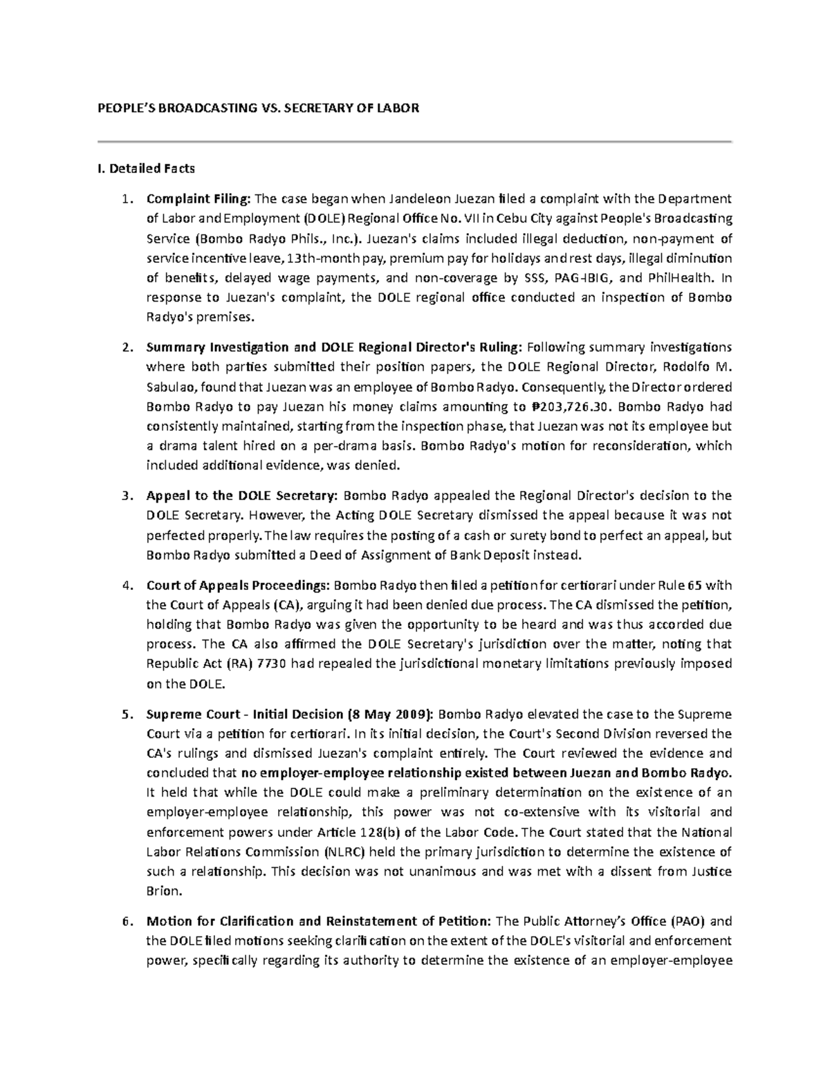 BROADCASTING LABOR CASES: Juezan vs. Bombo Radyo & Others - Studocu