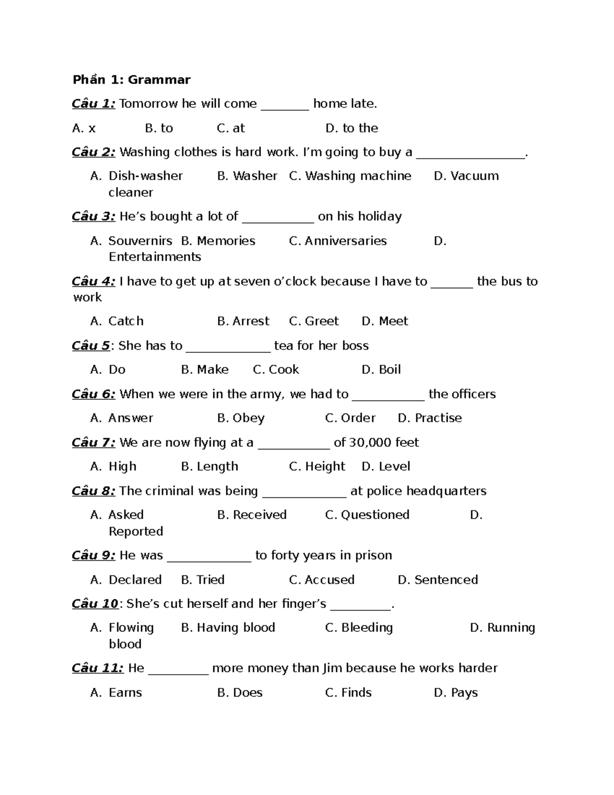Phần 1: Grammar & Reading Practice Questions - Studocu
