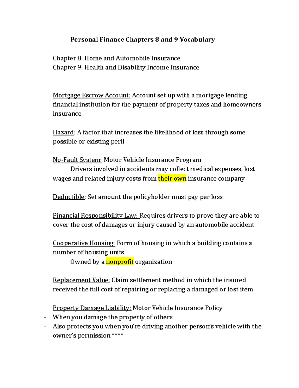Personal Finance Vocab for Chapters 8 & 9: Insurance Terms - Studocu