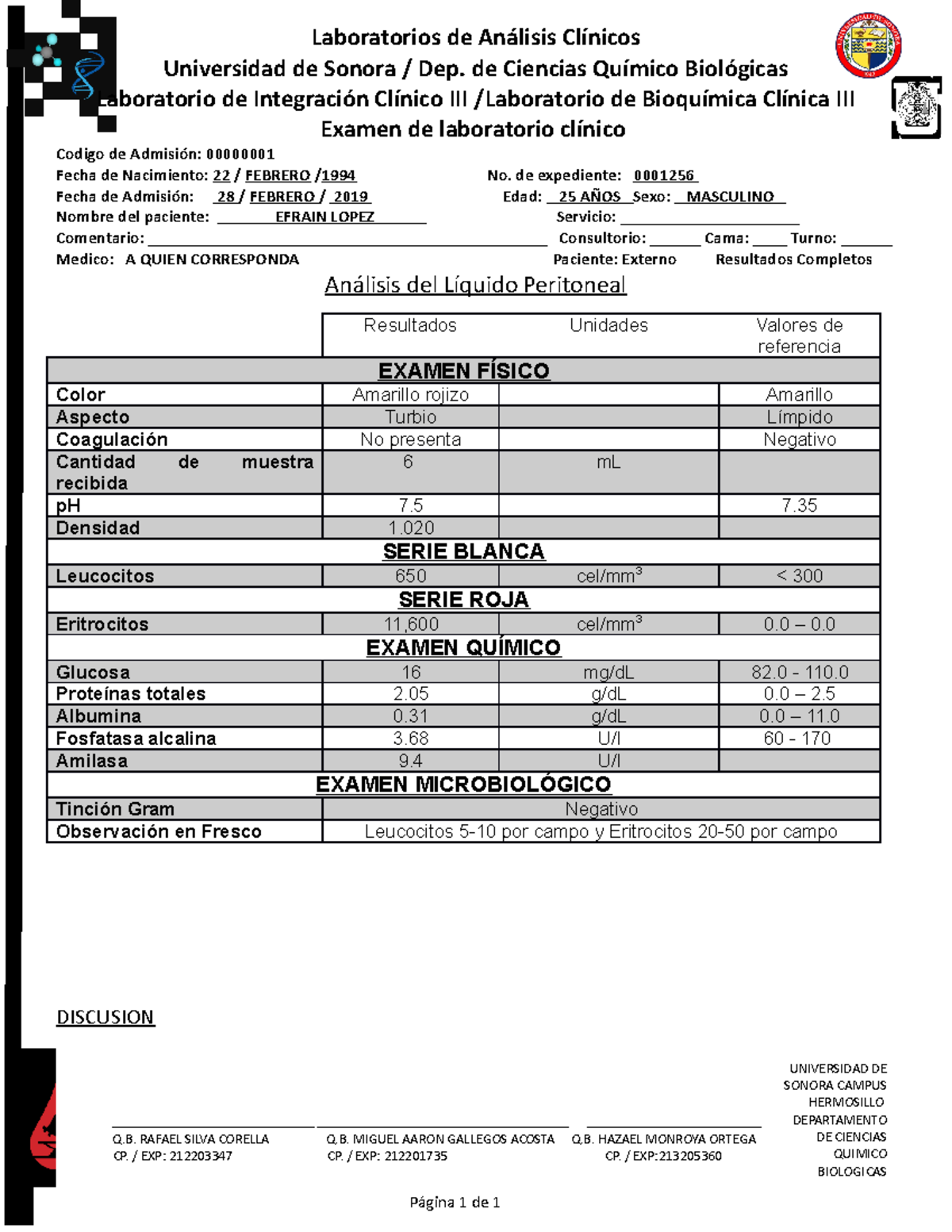 Reporte de Laboratorio 3: Análisis de Líquido Peritoneal - Studocu