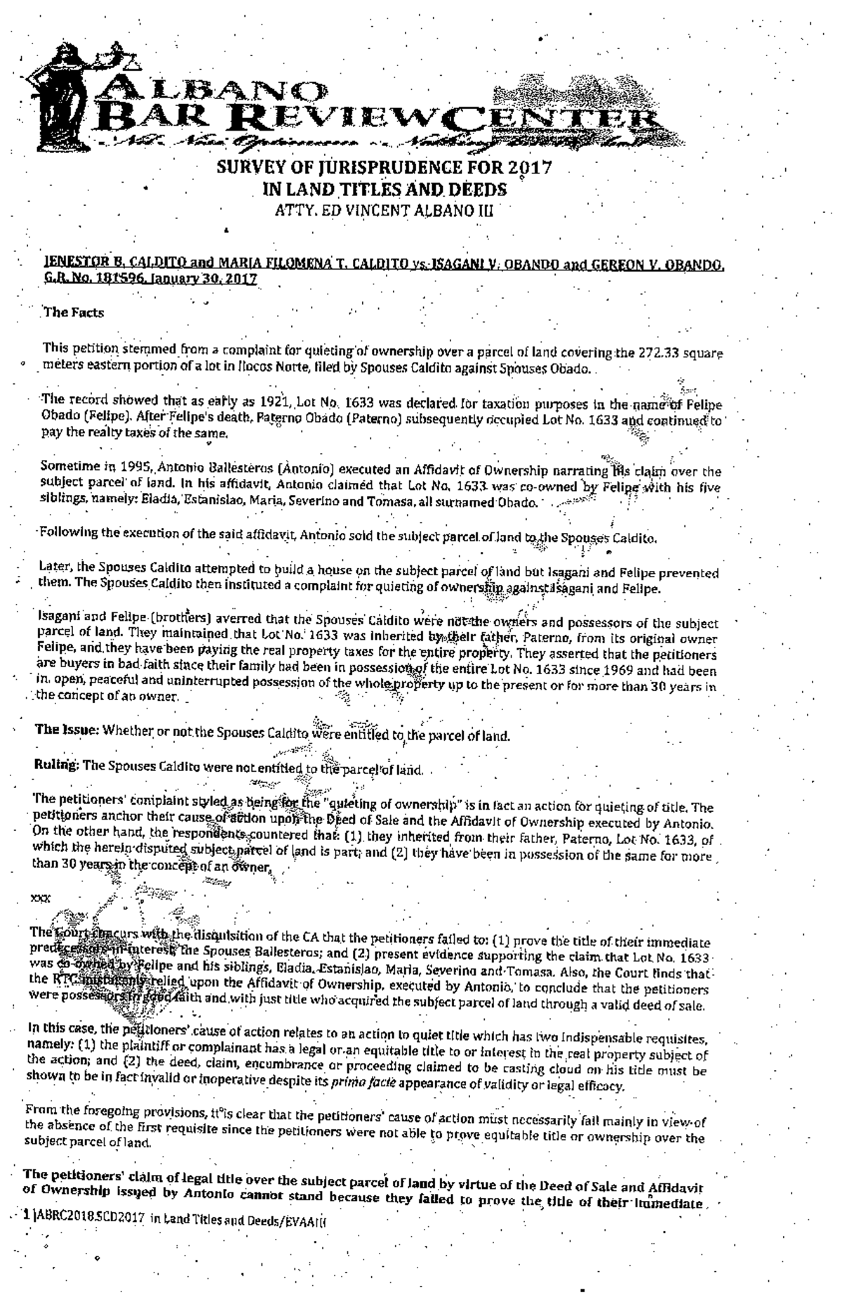 ABRC2018 Final Exam Notes on Land Titles and Deeds by Albano - Studocu