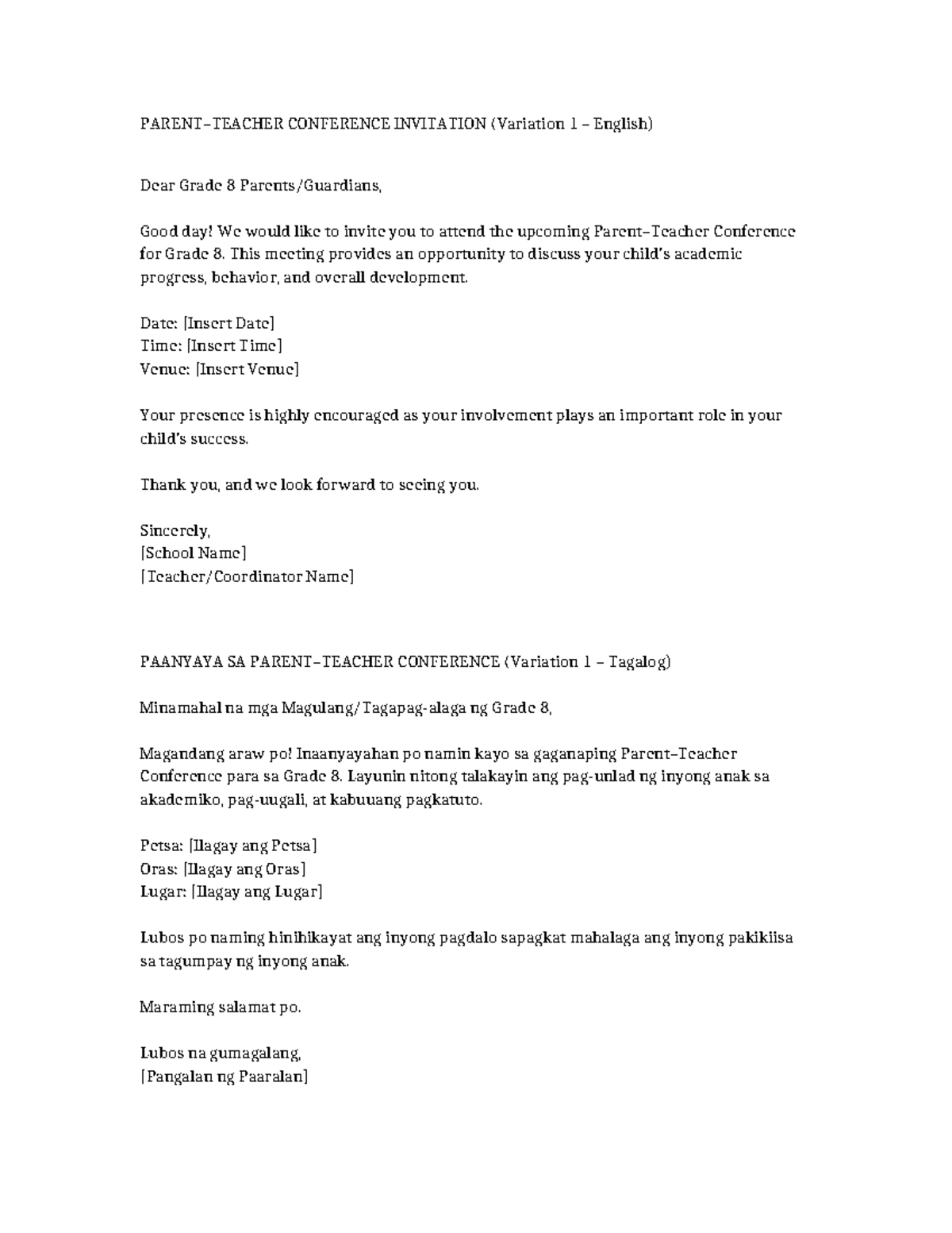 Grade 8 Parent-Teacher Conference Invitation Letters - Studocu