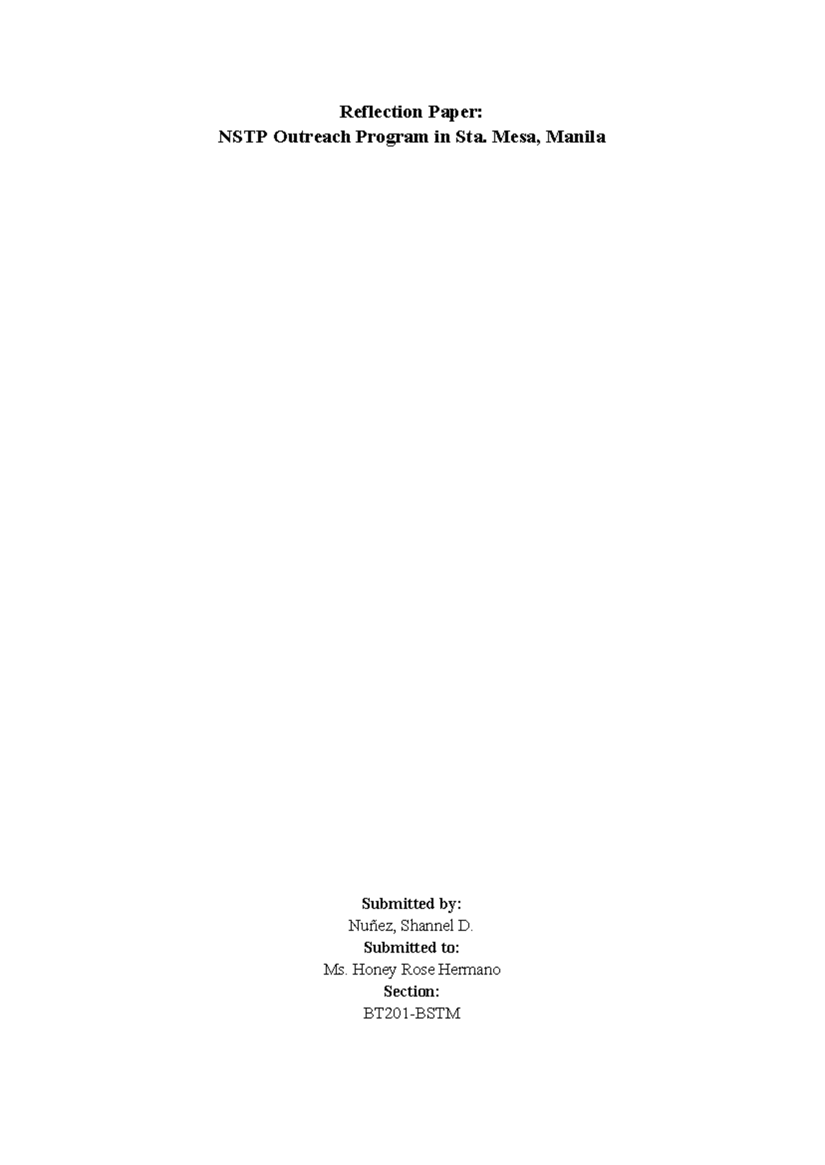 NSTP Reflection Paper: Outreach Program Experience in Sta. Mesa - Studocu