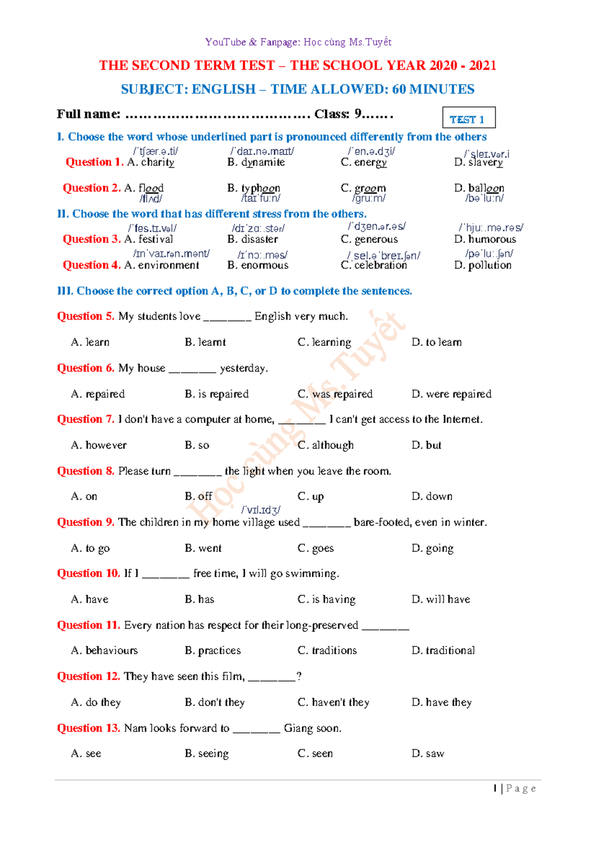 ANH 9 - FINAL EXAM SECOND TERM TEST 2020-2021 - Studocu