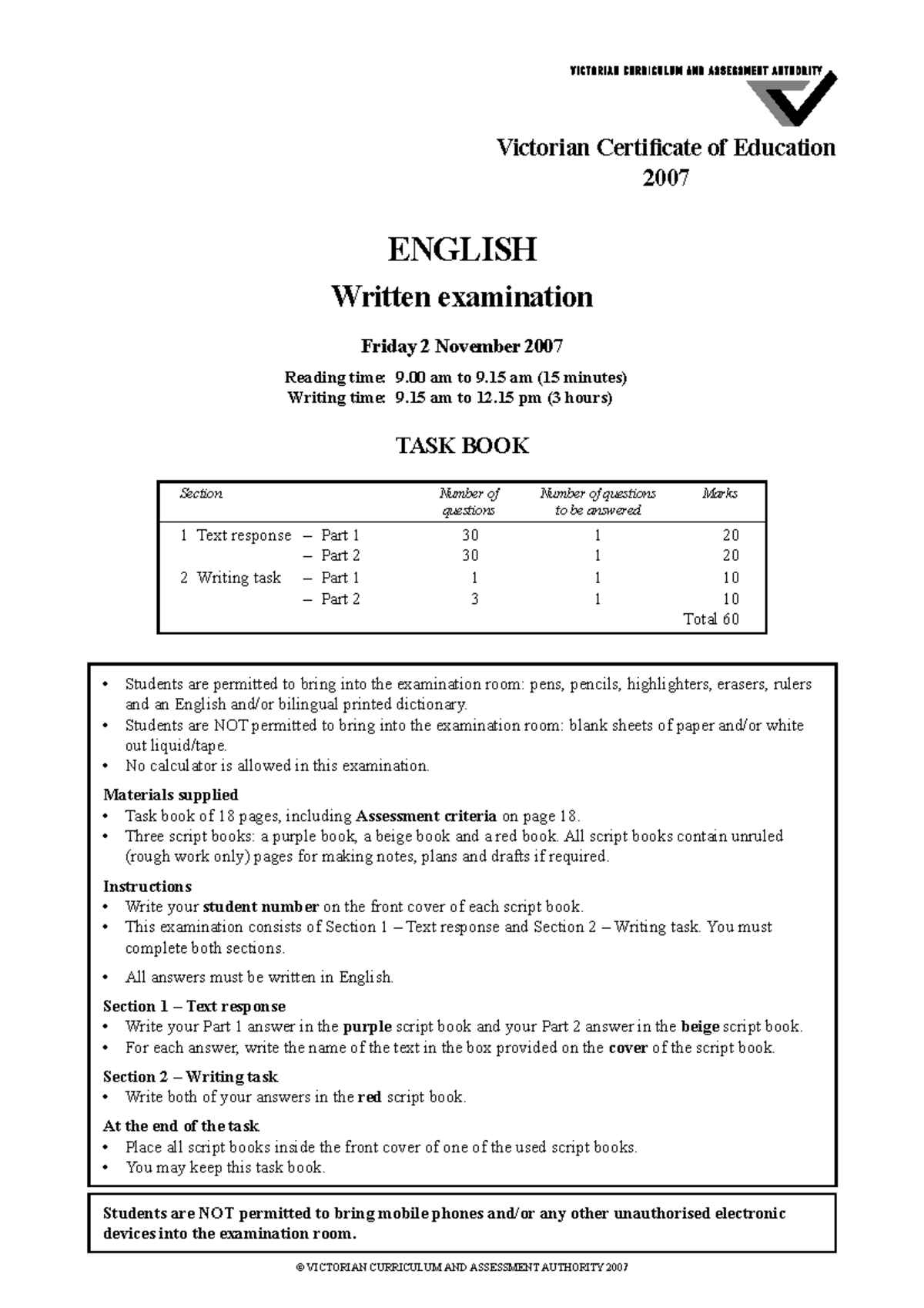 2007 VCE ENGLISH Exam Practice: Text Response & Writing Tasks - Studocu
