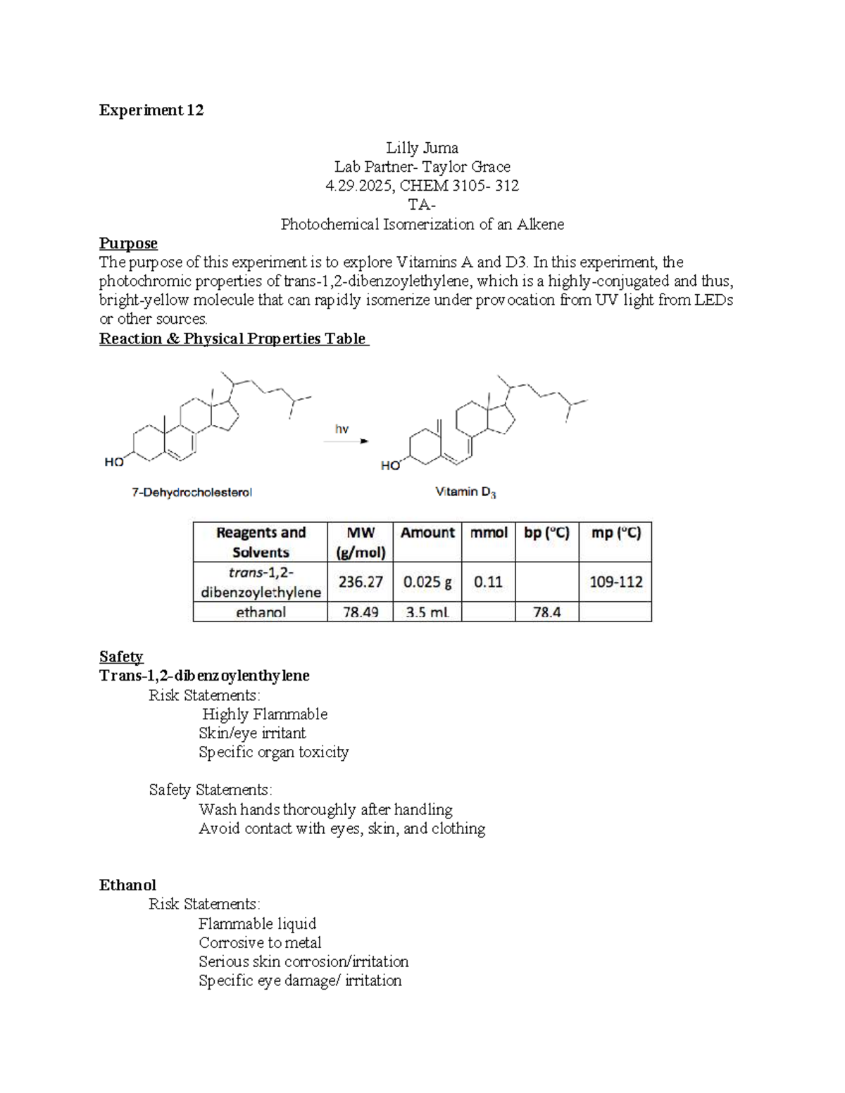 Lab Report 12: CHEM 312 TA - Photochemical Isomerization of Alkenes ...