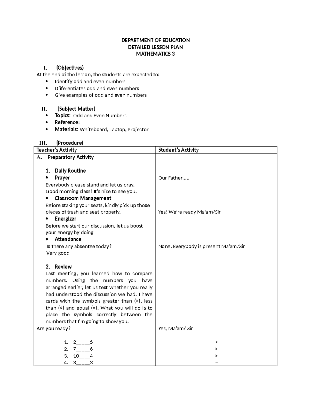 Lesson plan math - DEPARTMENT OF EDUCATION DETAILED LESSON PLAN ...