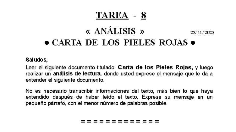 TAREA 8 ANÁLISIS: Carta del Gran Jefe Seattle 1854 - Studocu