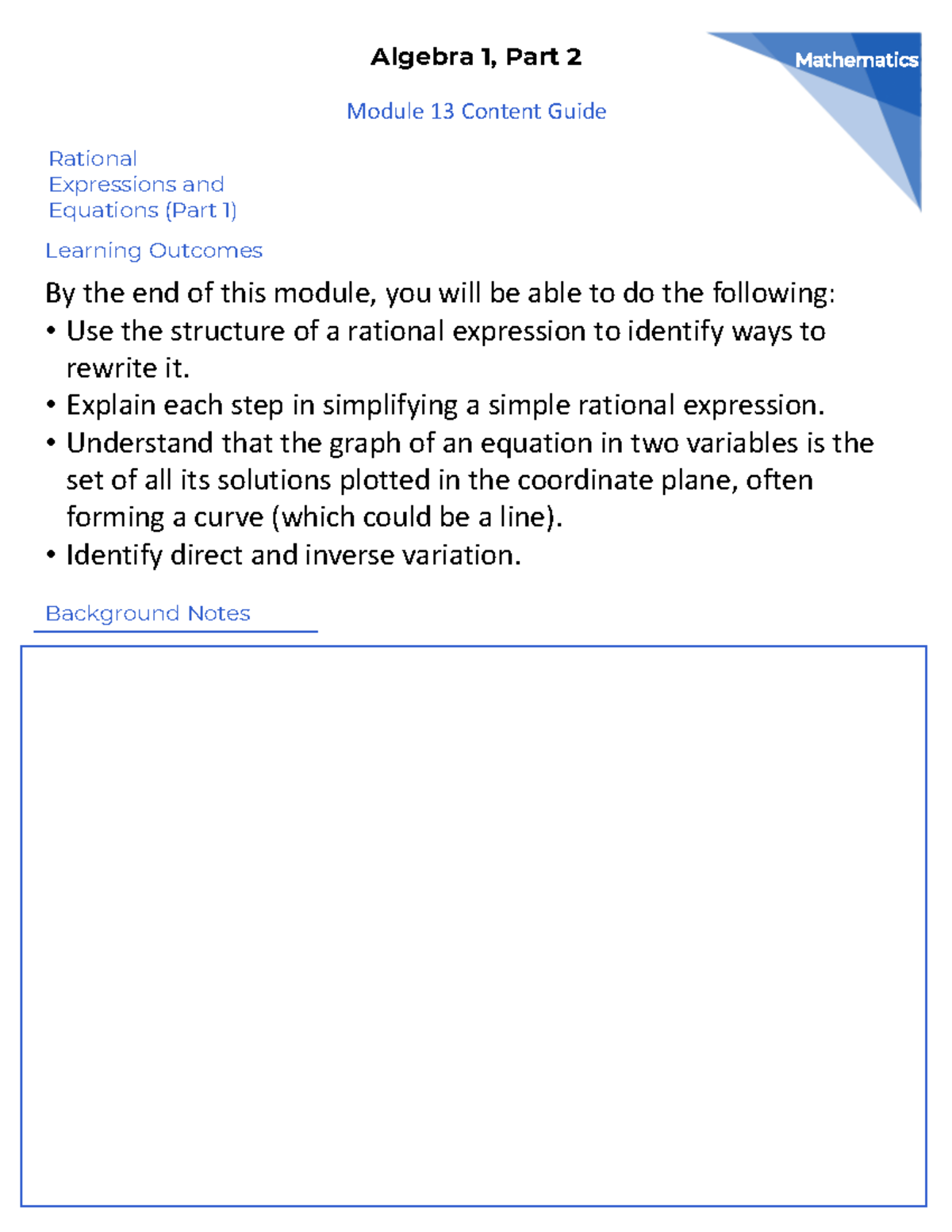 Algebra 1, Part 2: Module 13 Guide on Rational Expressions & Equations ...