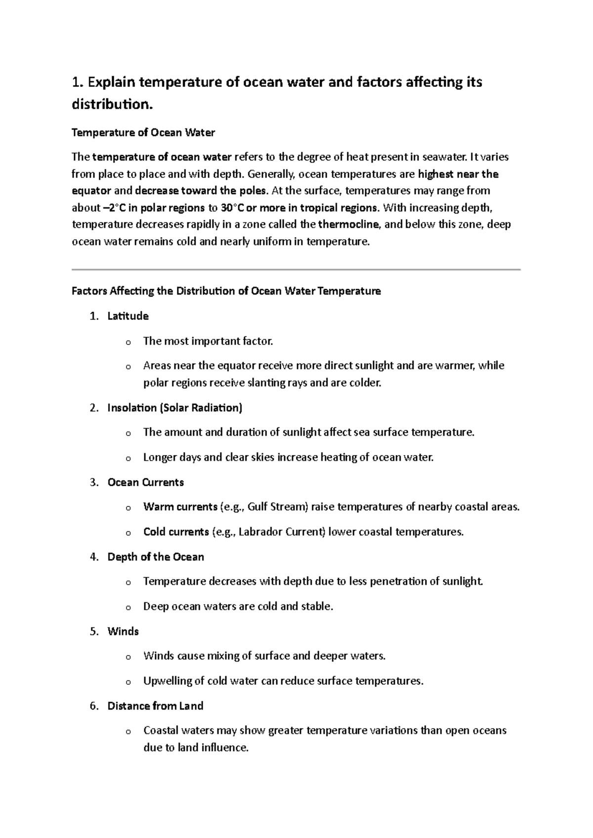 ES II Notes - Ocean Temperature, Salinity, Currents & Cyclones - Studocu