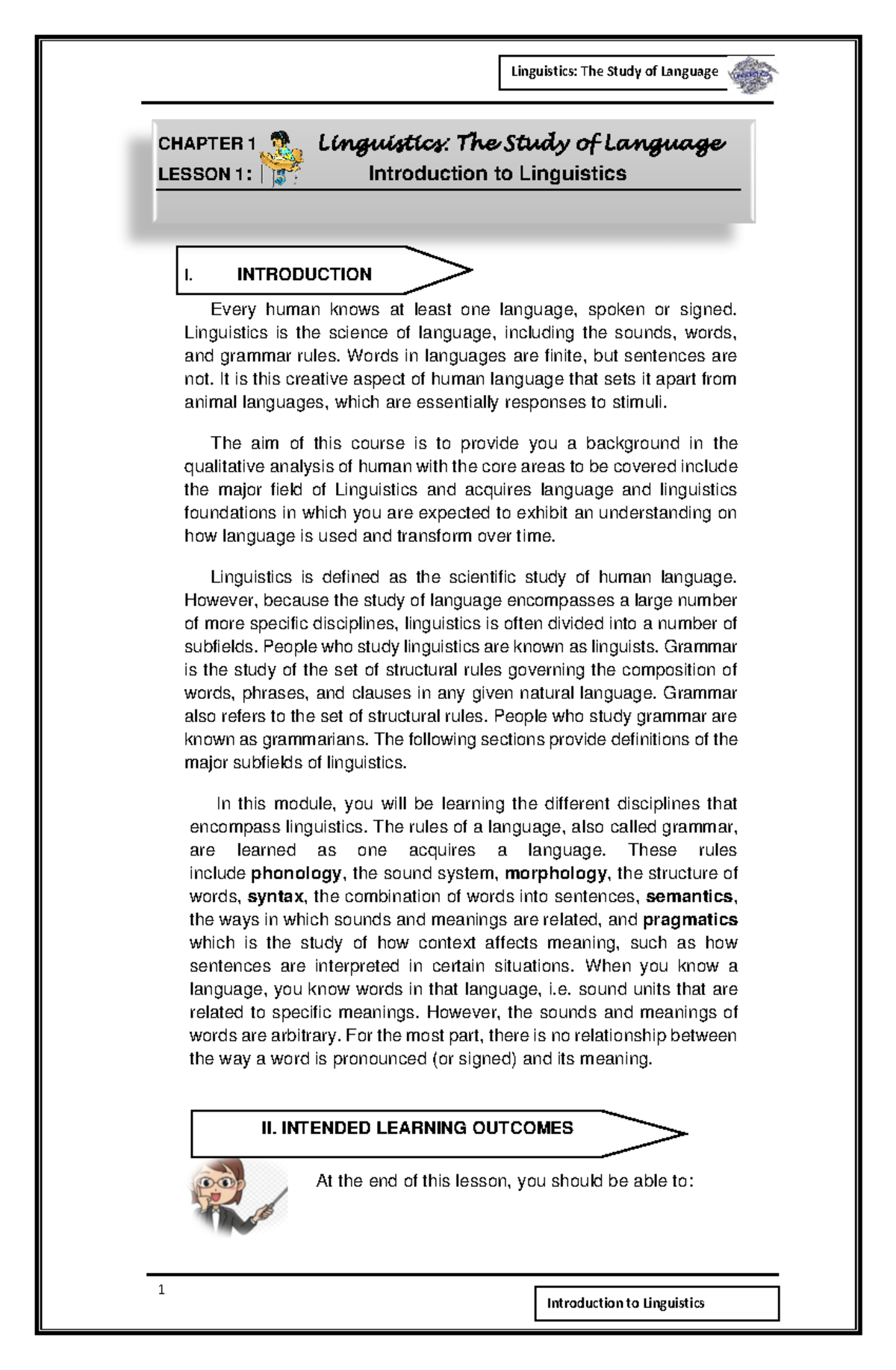Chapter 1 Intro to Linguistics - 1 CHAPTER 1 Linguistics: The Study of Language LESSON 1: - Studocu