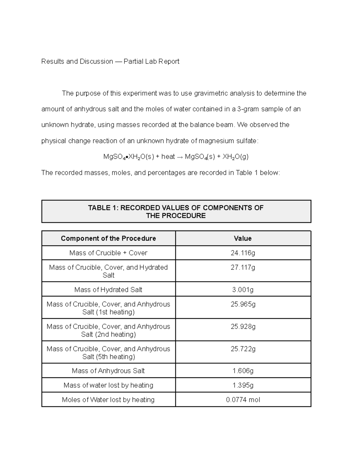 Determination of Hydrated Salt Formula via Gravimetric Analysis (CHEM ...