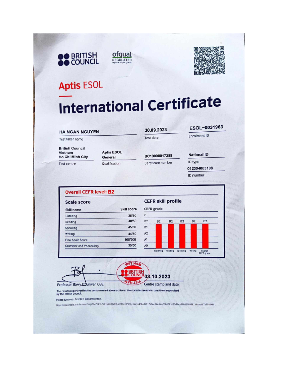 Aptis ESOL International Certificate - HA NGAN NGUYEN Exam Results ...