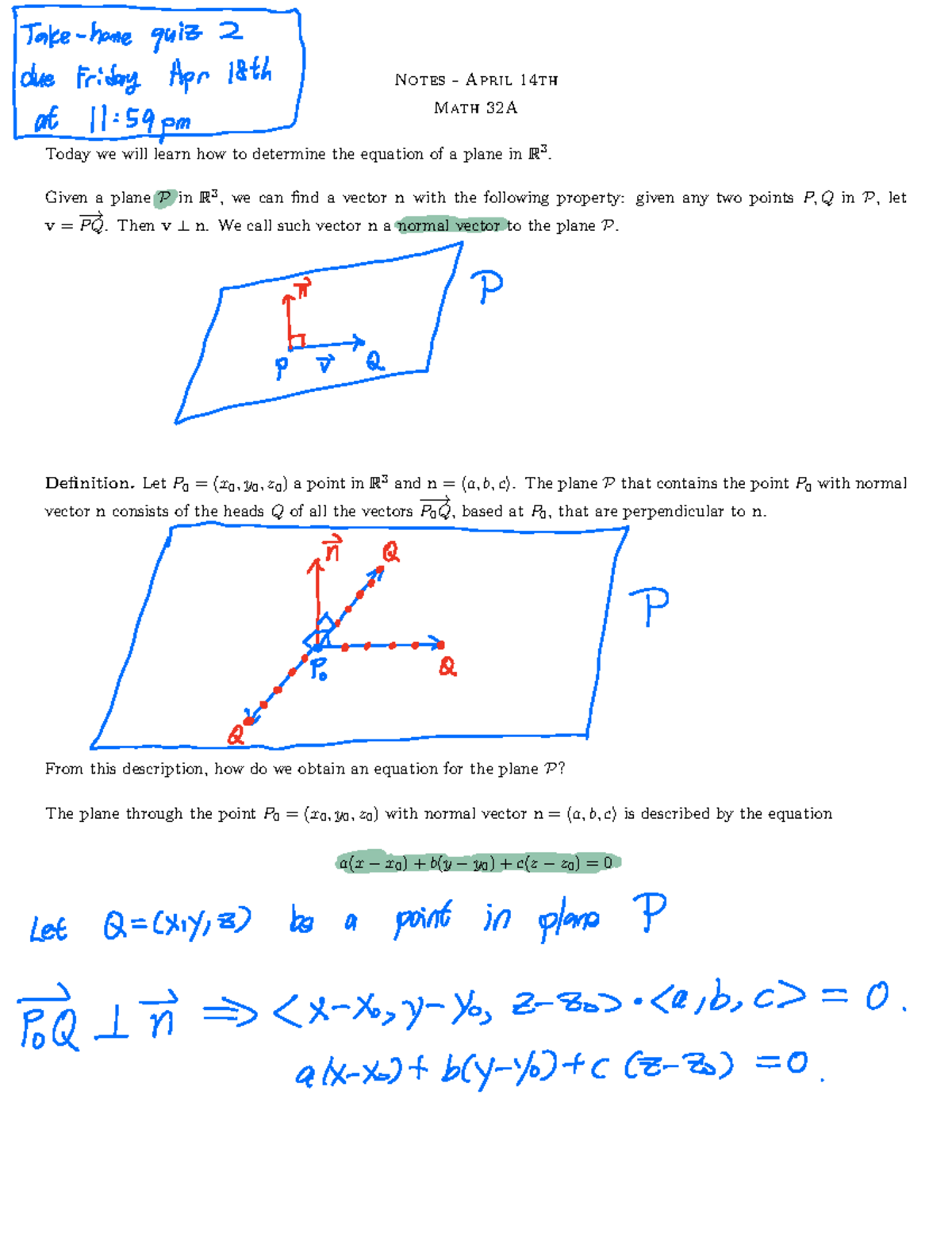 Math 32A Lecture Notes: Equations of Planes in R3 - April 14th - Notes ...