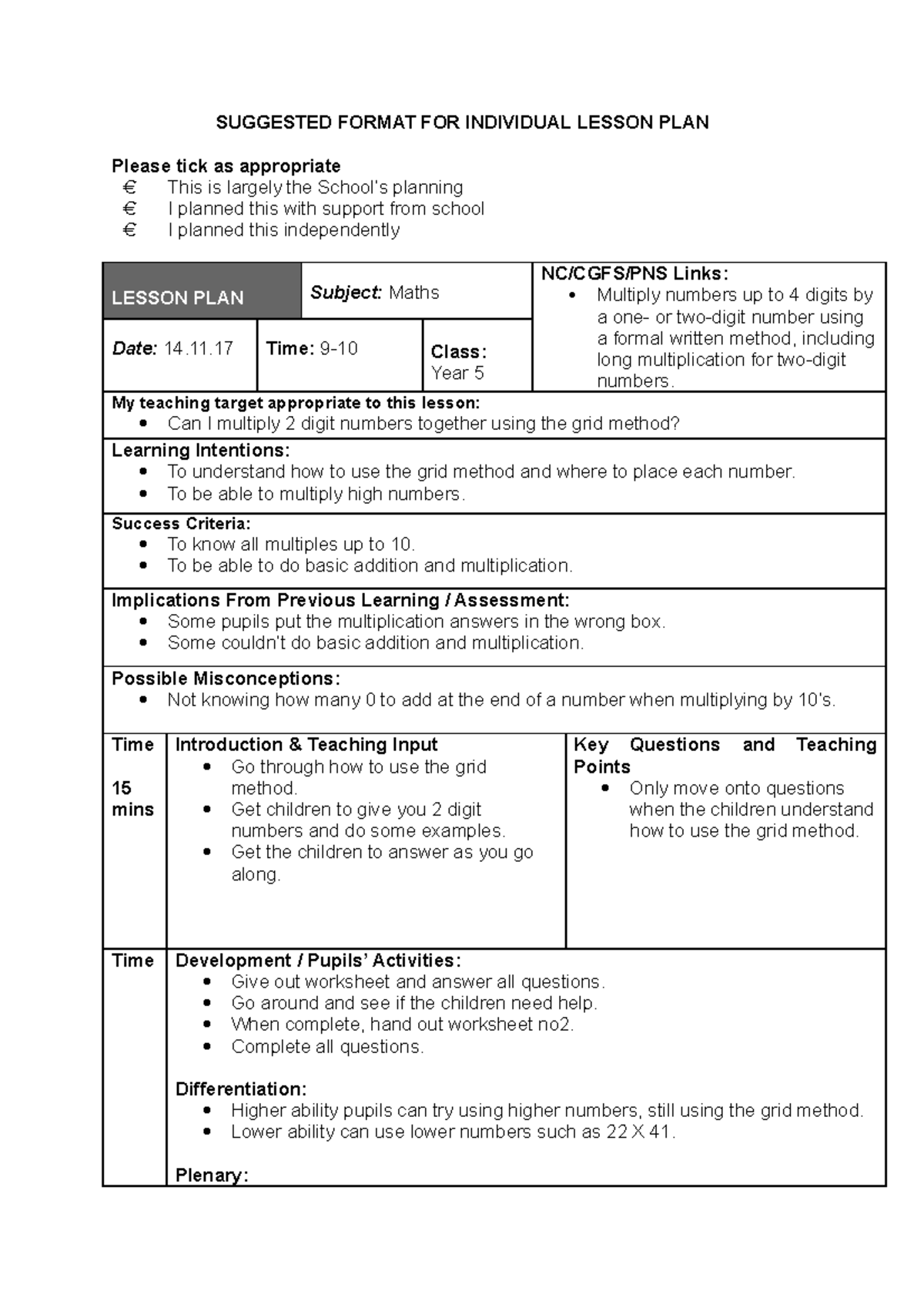 Lesson plan 6 2 Digit Multiplication - SUGGESTED FORMAT FOR INDIVIDUAL ...