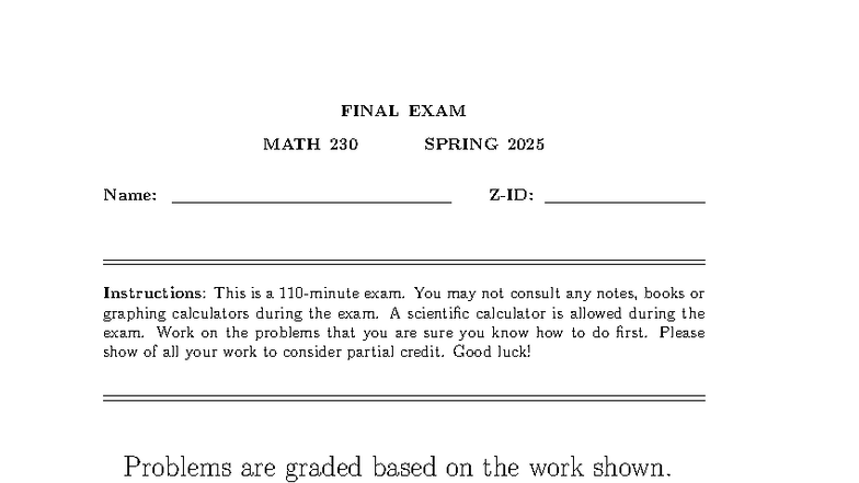 MATH 230 - Final Exam Review Spring 2025 - Studocu